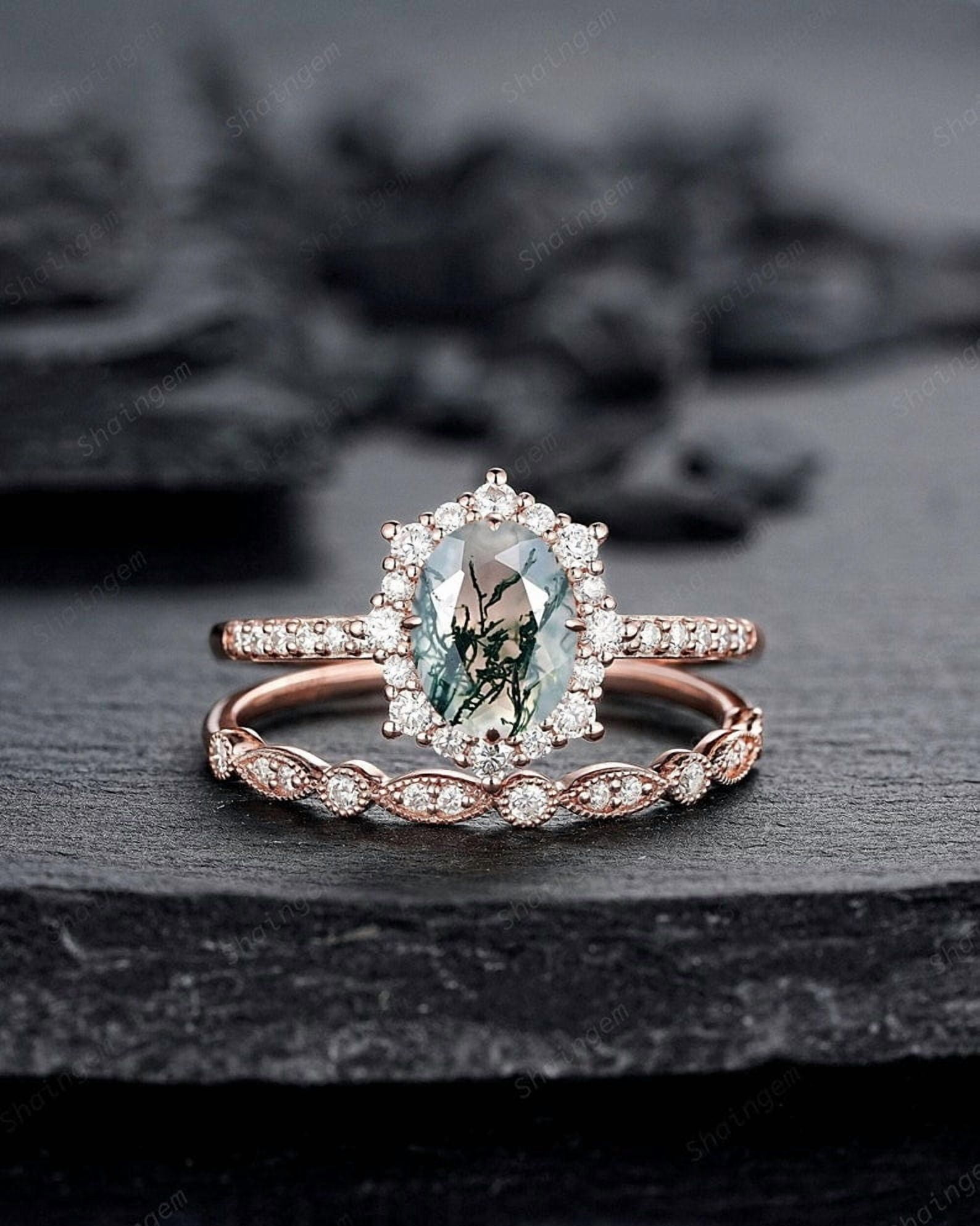 Moss Agate Halo Engagement Ring Set, Unique Oval Cut Mossy Agate Rose ...
