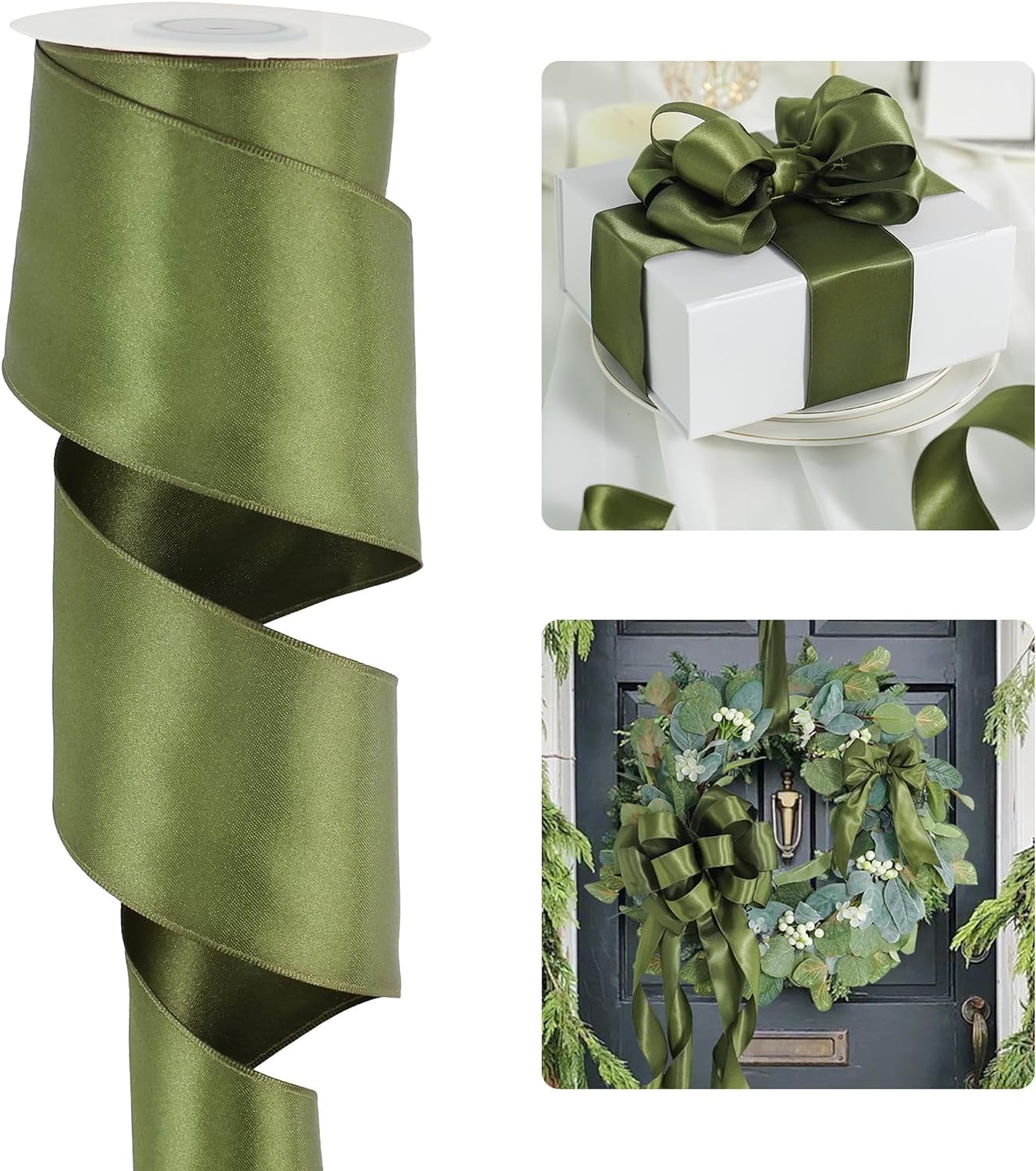 Moss Green Satin Wired Ribbon 2.5 inch Moss Wire Edge Ribbon for ...