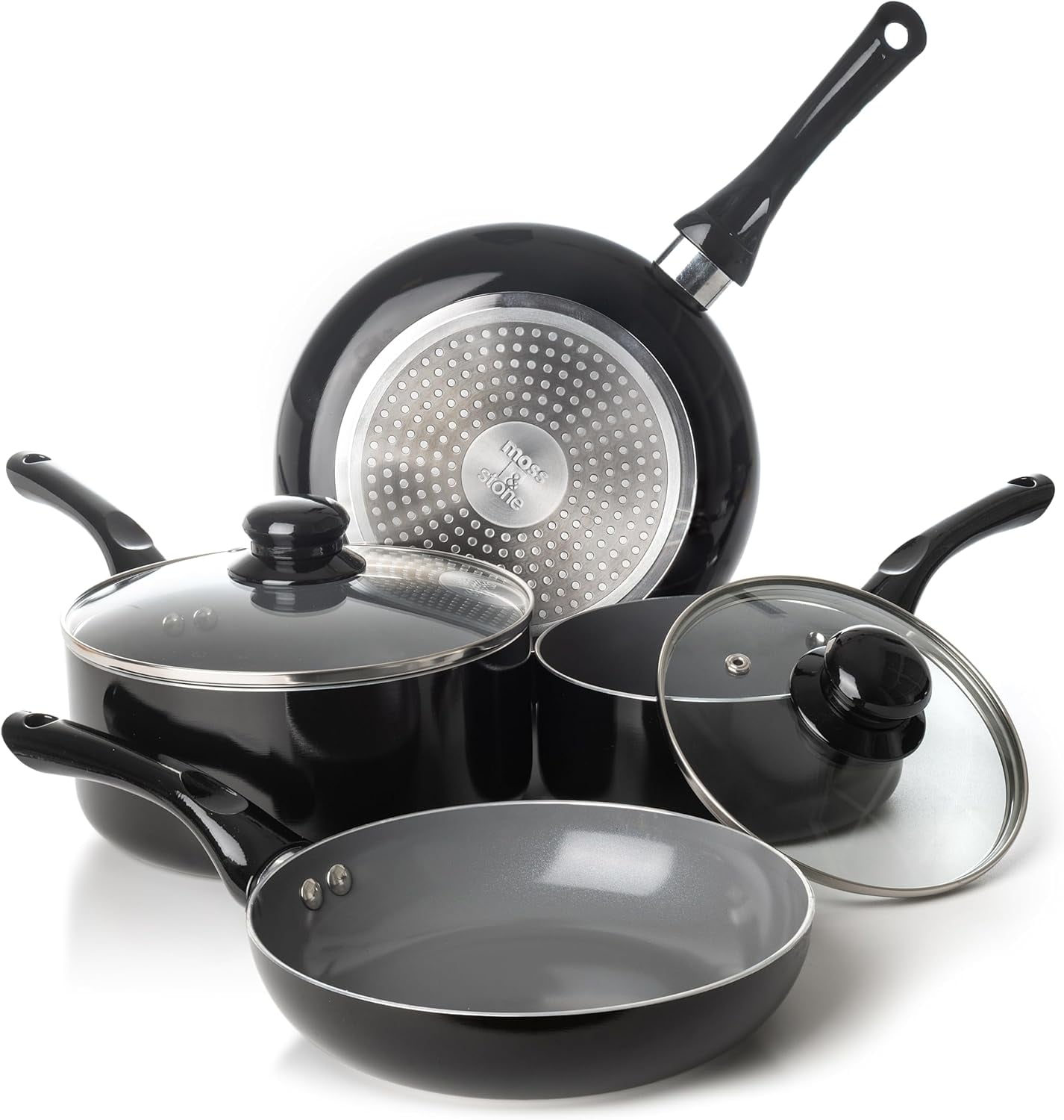Moss & Stone 6 Piece Black Nonstick Cookware Set, Pots And Pans Set Non ...