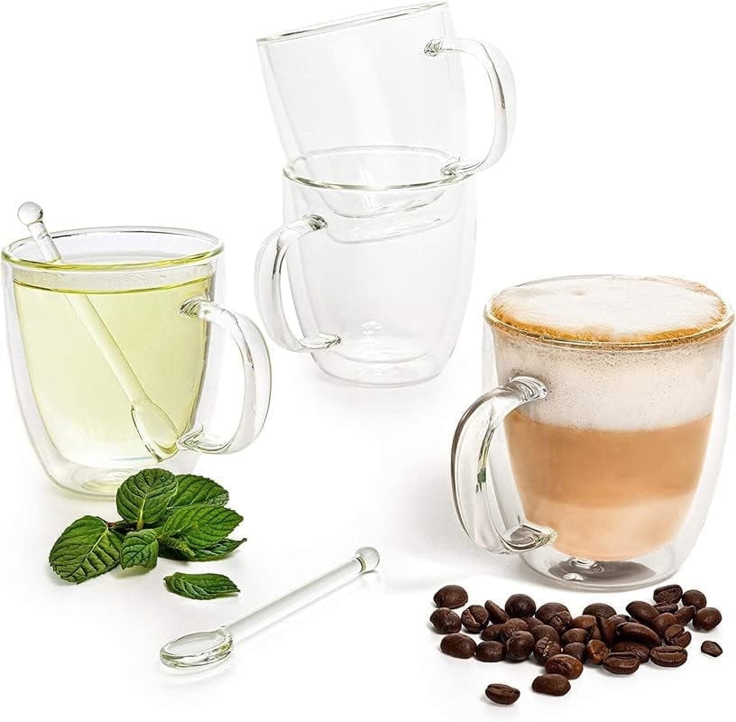 Moss & Stone Double Wall Clear Glass Mug Set 4 Pcs 7.4 Oz with Handles ...