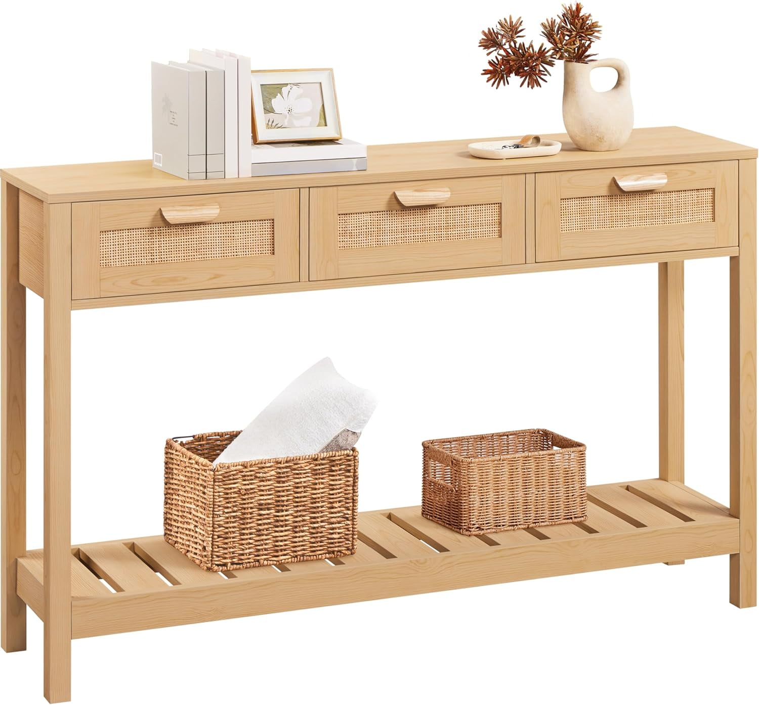 MossHome-US Rattan Console Table, Boho Entryway Table with Storage ...