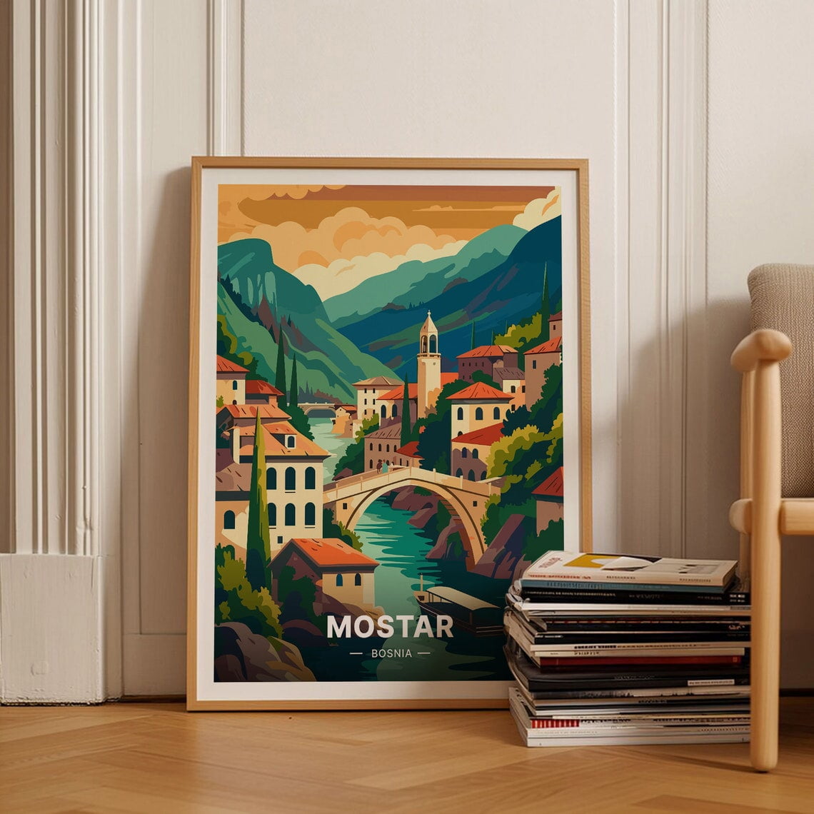 Mostar Bosnia Travel Poster, Herzegovina Landscape Art, Stari Most ...