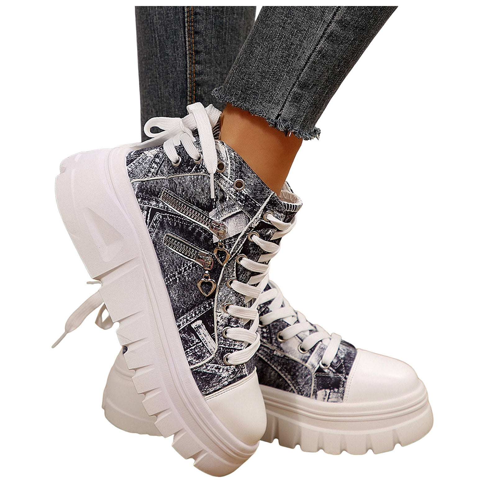 Mostsola Denim Boots for Women Lace up Vintage Chunky Platform Ankle ...