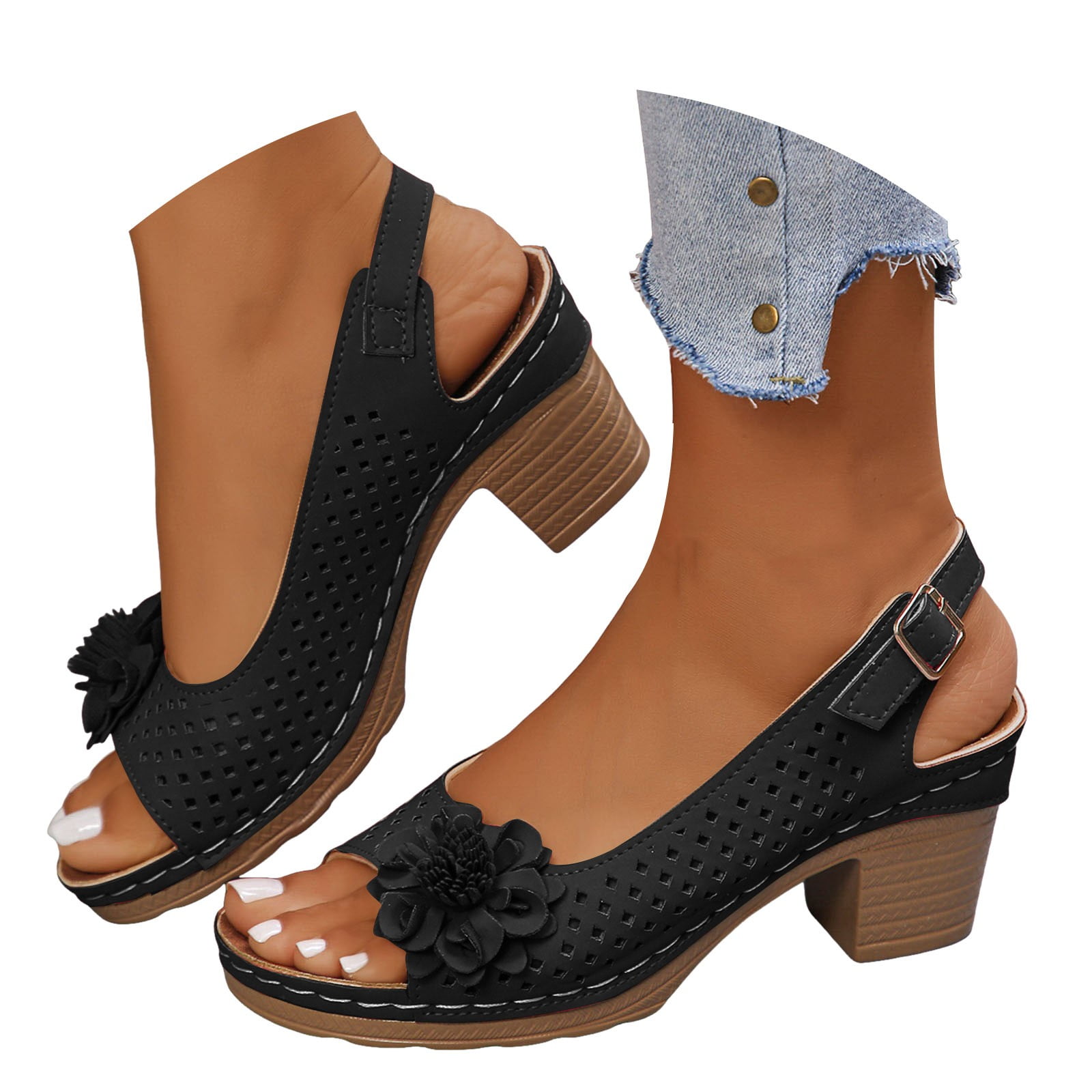 Mostsola Women's Peep Toe Heeled Sandals Bohemian Flower Hollow out ...