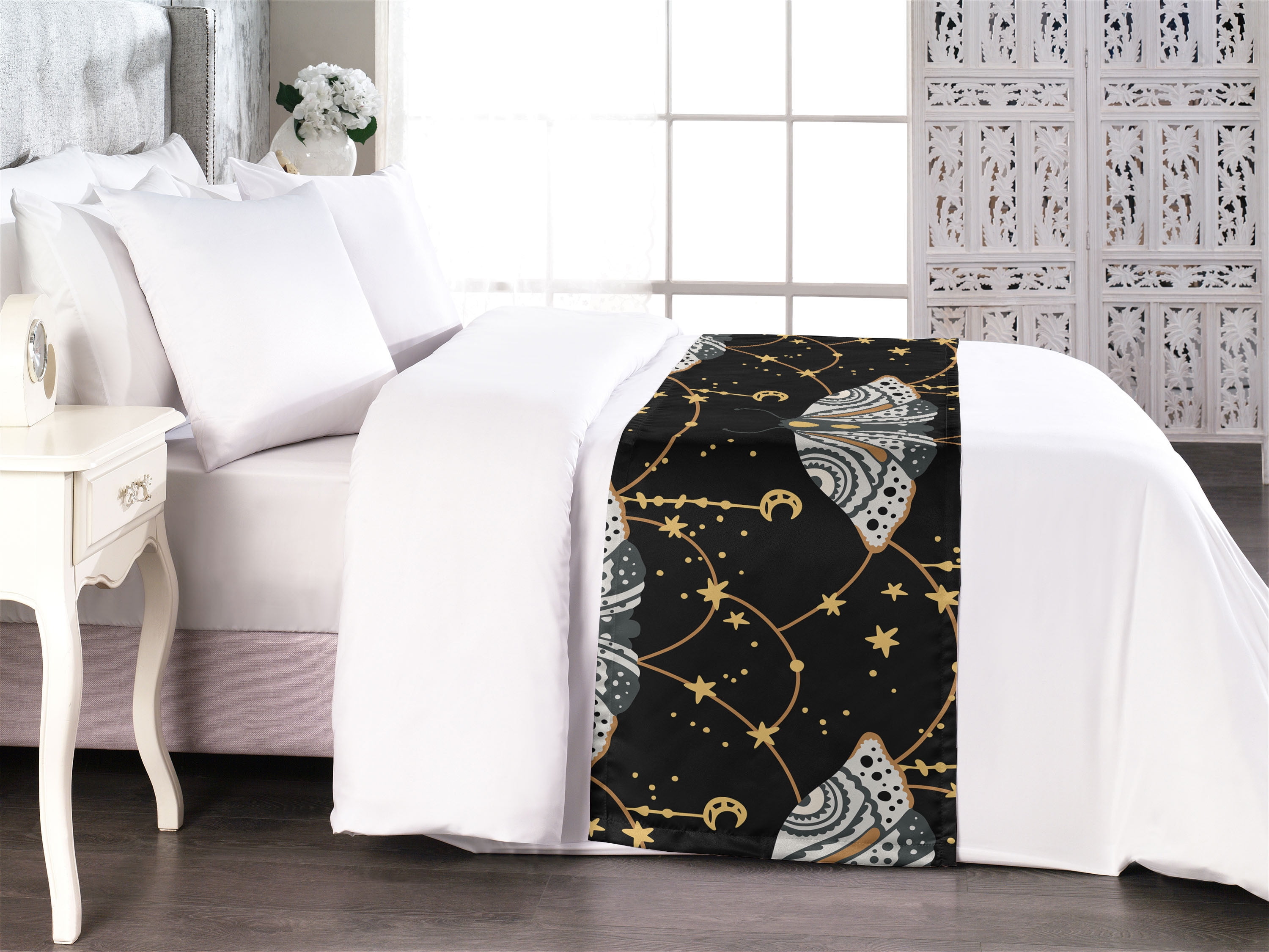 Moth Design Bed Runner, Mystic Inspired Winged Animal with Moon and ...