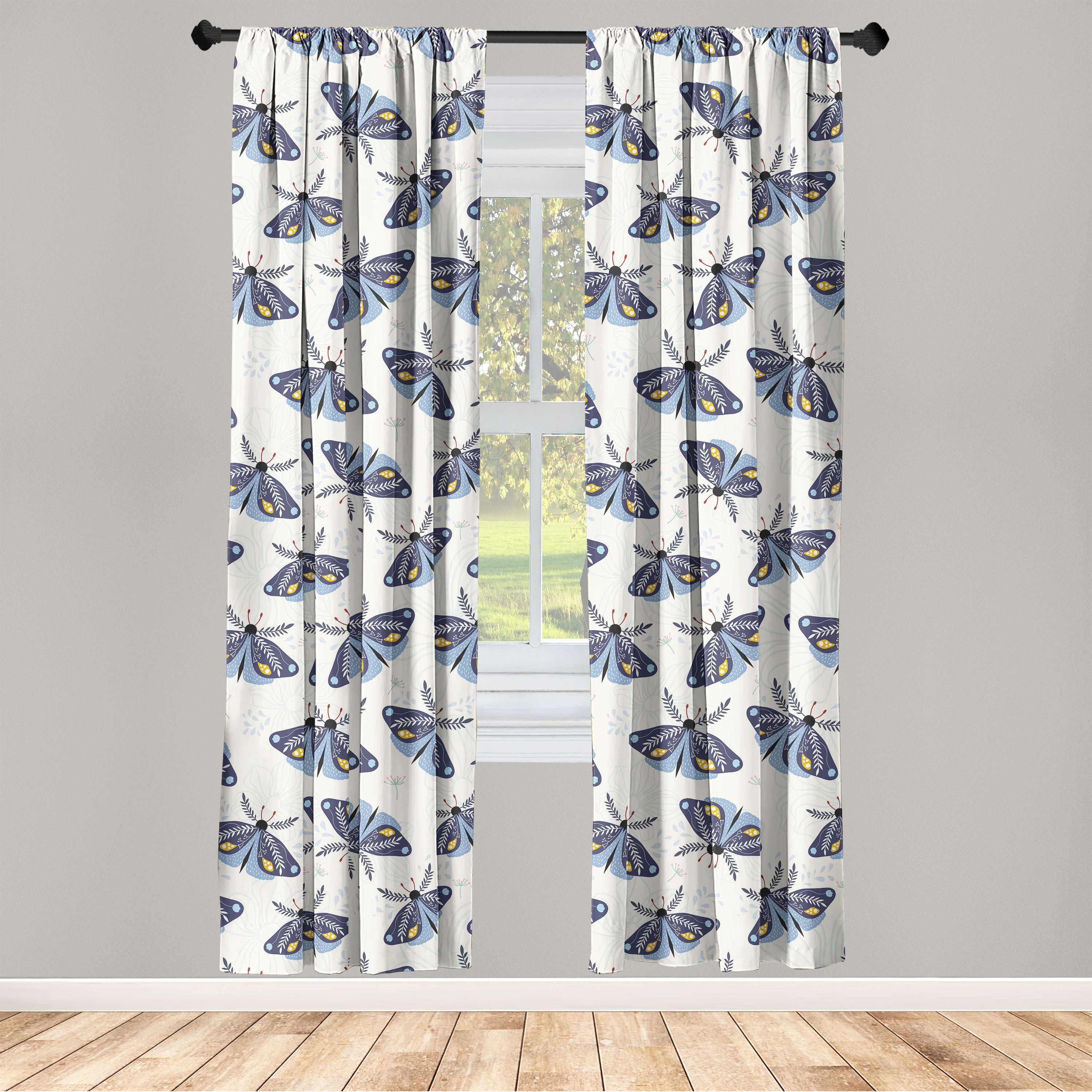 Moth Drawing Window Curtains, Jungle Vibes Winged Animal With Floral ...