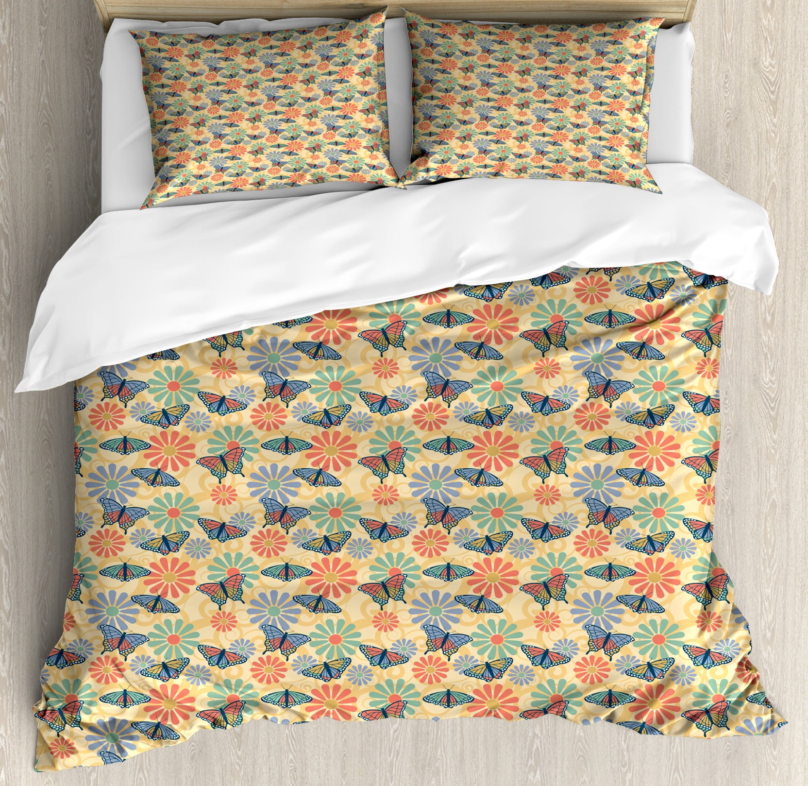 Moth Duvet Cover Set, Butterflies Flying Over Aster Blooms Flourishing ...