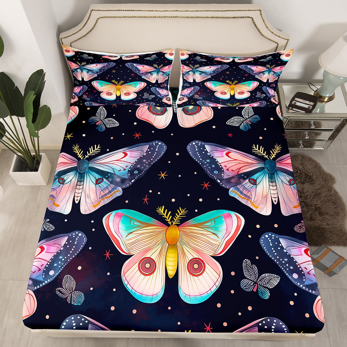 Moth Fitted Sheet Exotic Butterfly Queen Bed Sheets,Galaxy Stars Sheets ...