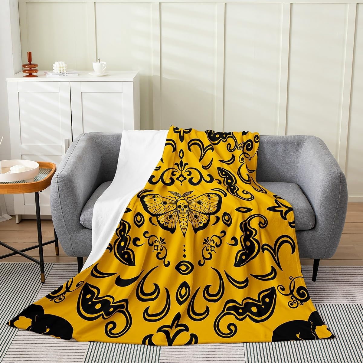 Moth Gothic Fuzzy Blanket Yellow Black Damask Goth Fleece Blanket Baby ...