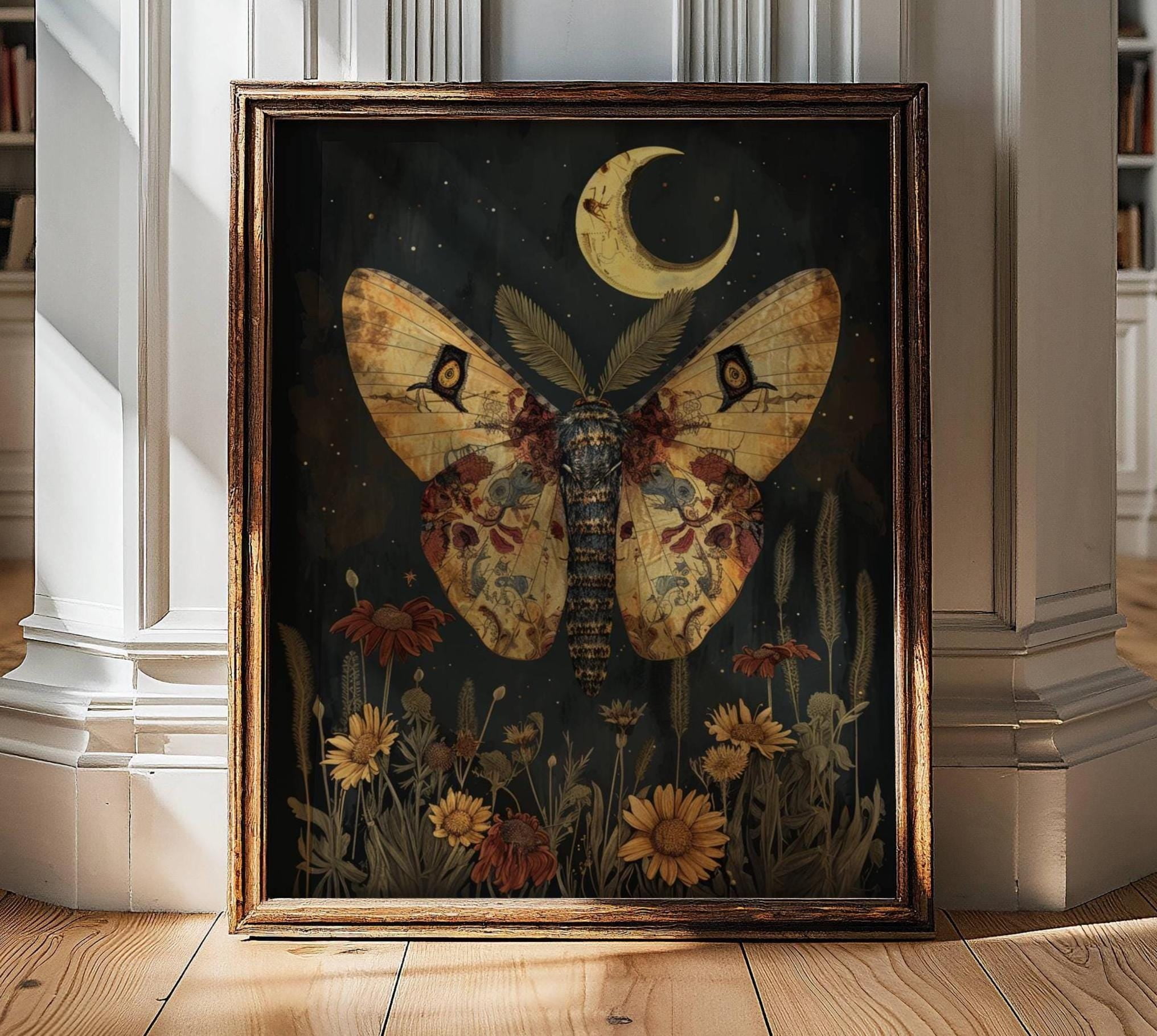 Moth Wall Decor, Moth And Moon Print, Magic Moon, Magical Decor Art ...