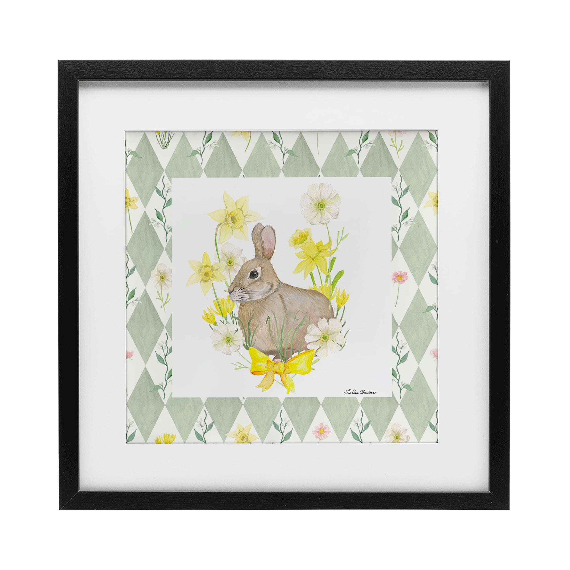 Mother Bunny on Green Argyle Black Framed Print Under Glass, design by ...