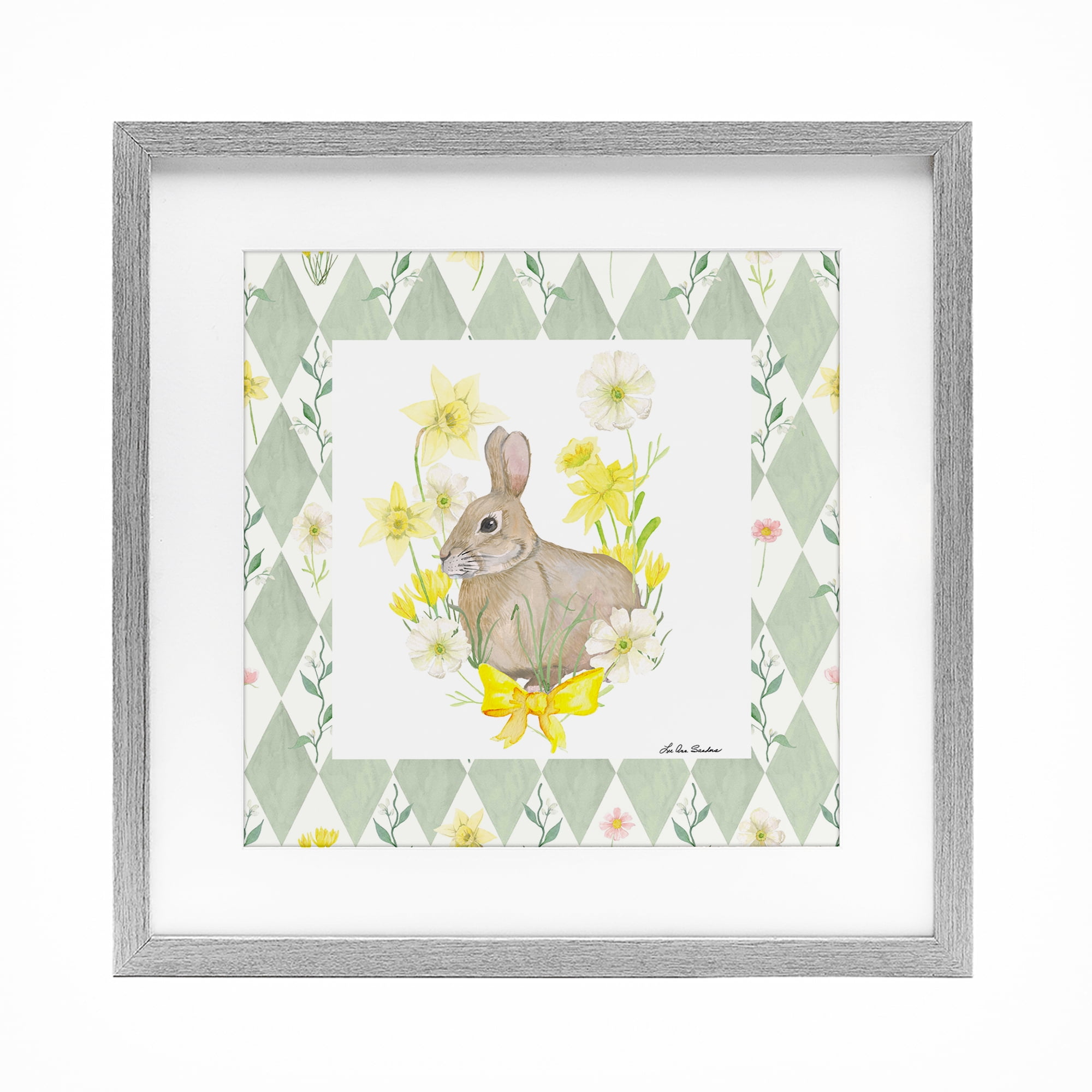 Mother Bunny on Green Argyle Gray Framed Print Under Glass, design by ...