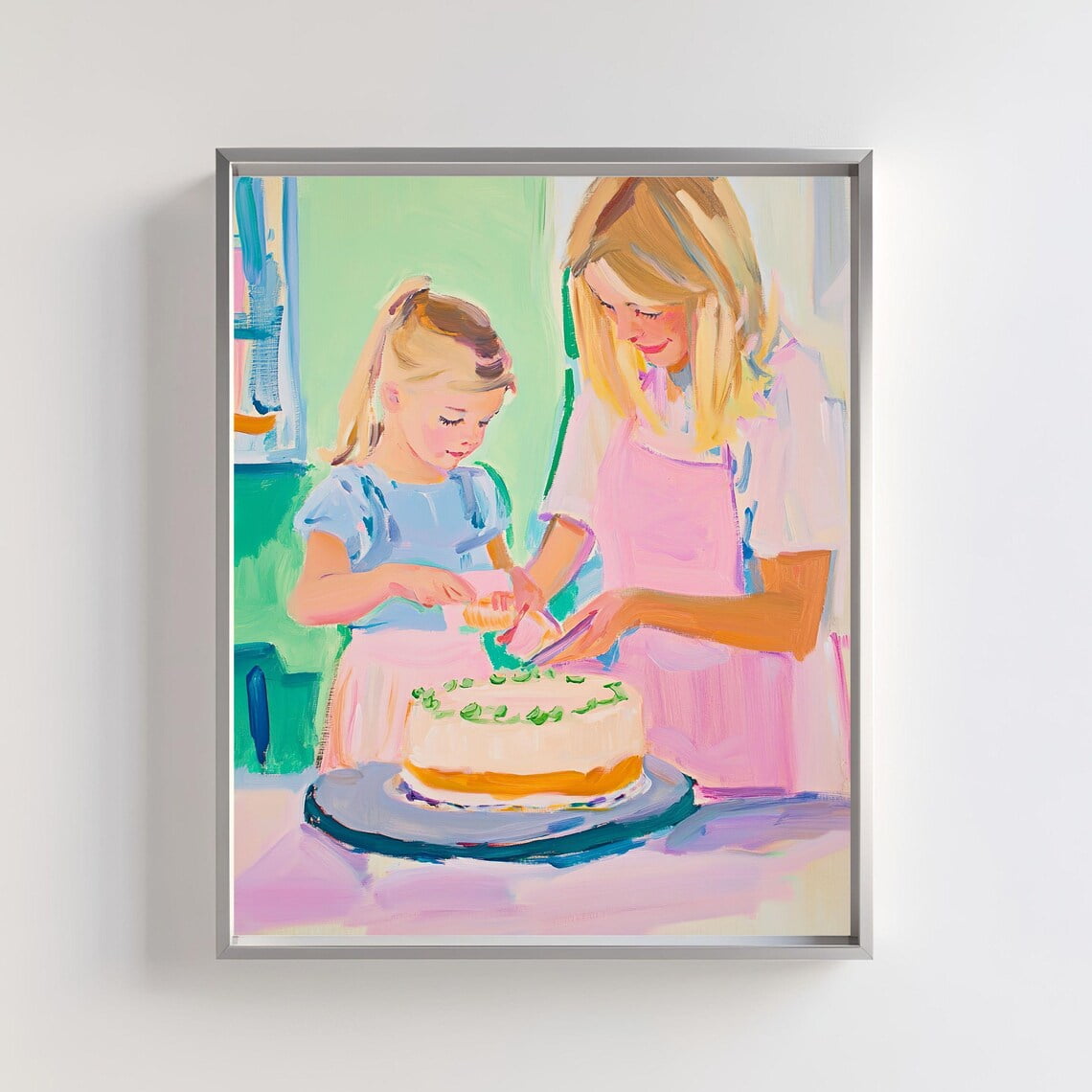 Mother And Daughter Baking Art Print, Cake Decorating Scene, Kids ...
