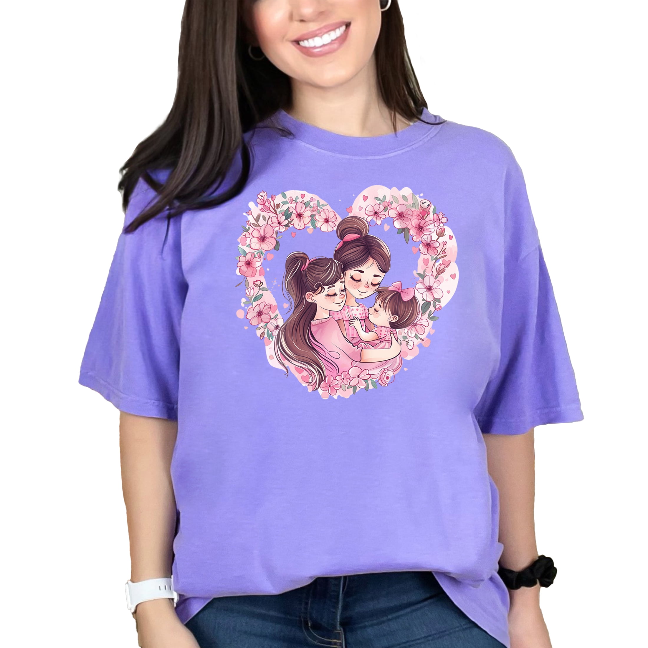Mother Daughter Love Heart Floral Artwork Tee, Family Themed Graphic ...