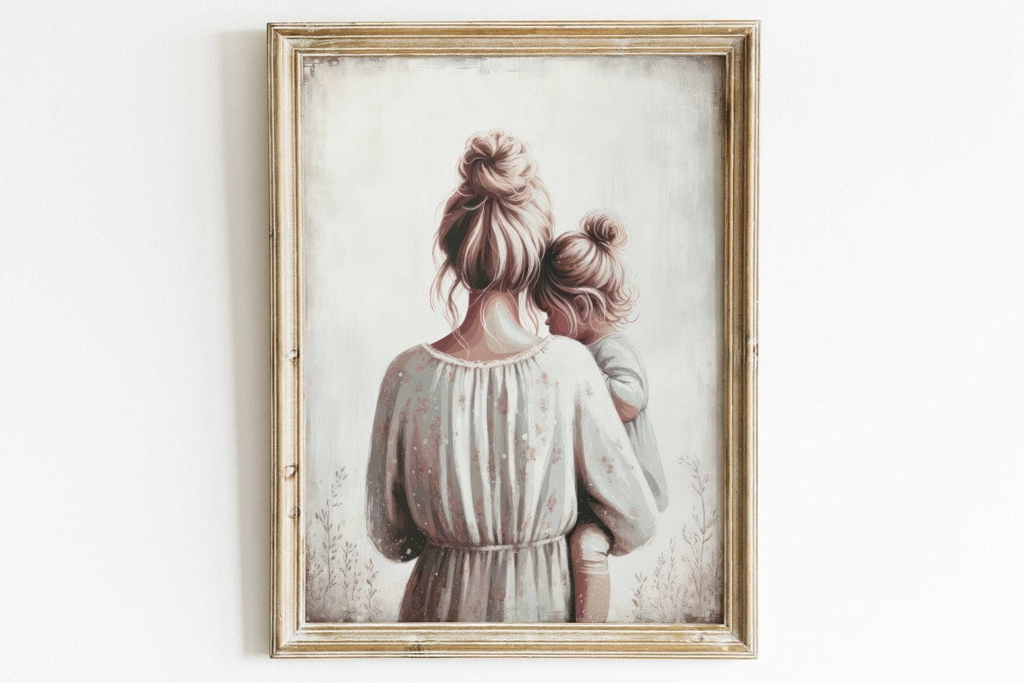 Mother Daughter Print, Mom & Child, Mother Gift, Daughter Print, Mother Painting, Rustic Nursery ...