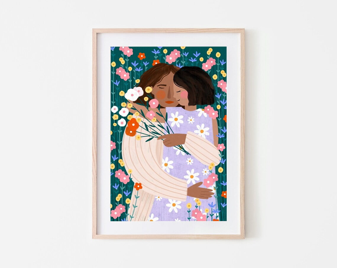 Mother And Daughter In The Wildflower Garden, Motherhood Art Print, Mum ...