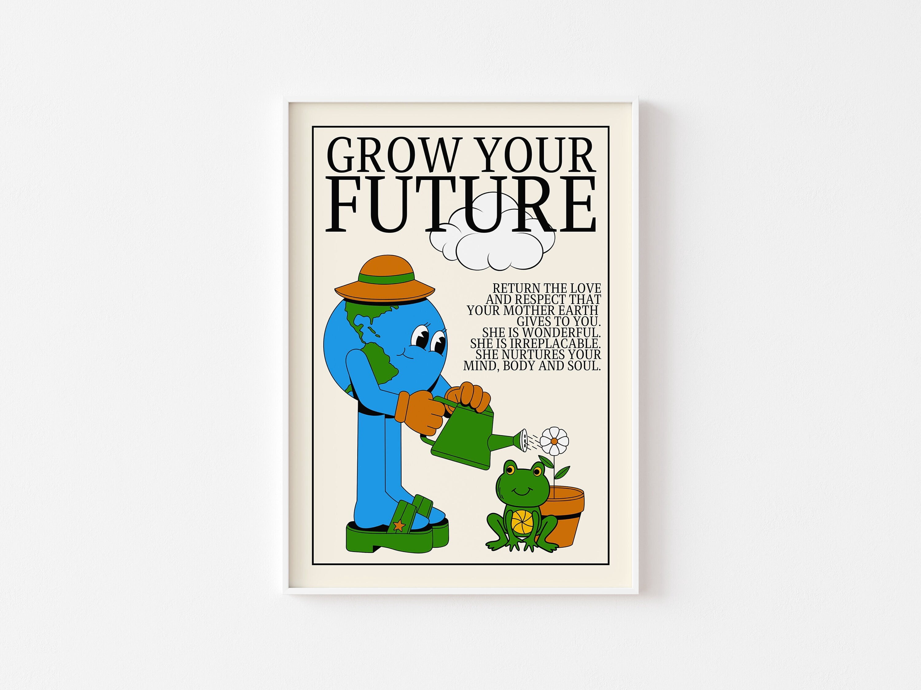 Mother Earth Retro Character Print Grow Your Future Earth Flowers ...