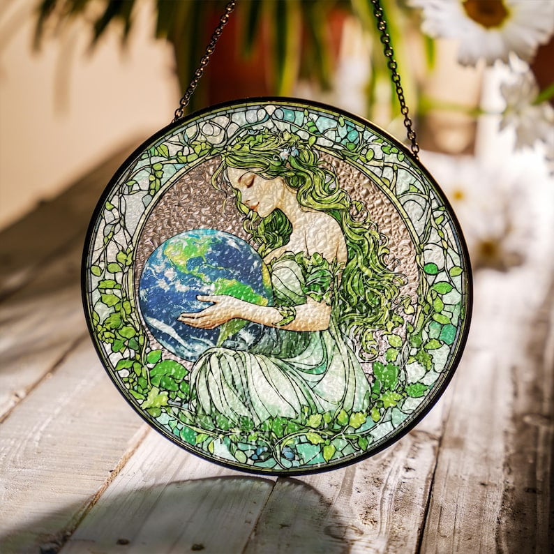 Mother Earth Stained Glass Hanging Suncatcher, Earth Day Home Decor ...