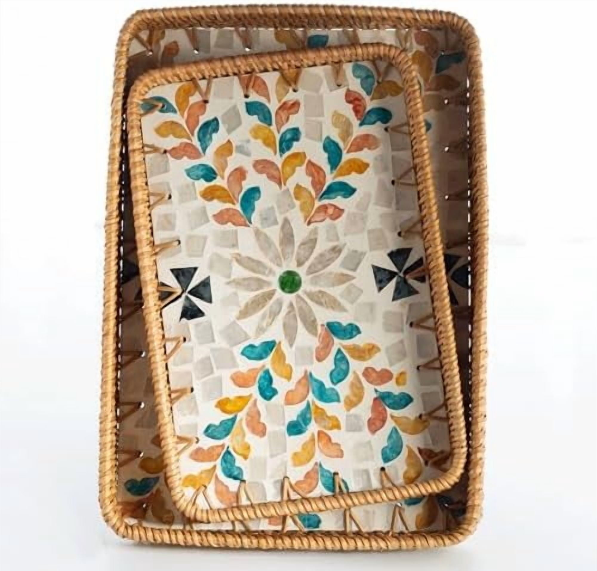 Mother of Pearl Inlay Rattan Serving Tray with Wooden Base Handmade ...