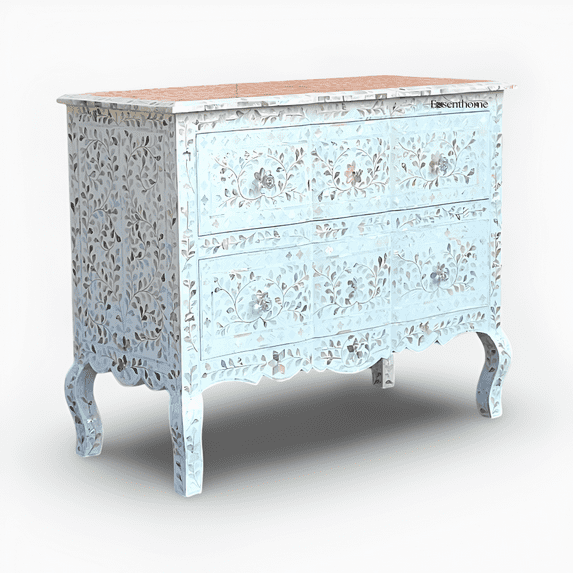 Mother of Pearl Inlay Chest of Drawers, White Resin, Floral Pattern, 2 ...