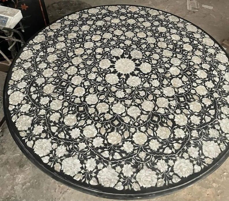 Mother of Pearl Inlay Round Coffee Table – Handcrafted Center Table Top ...