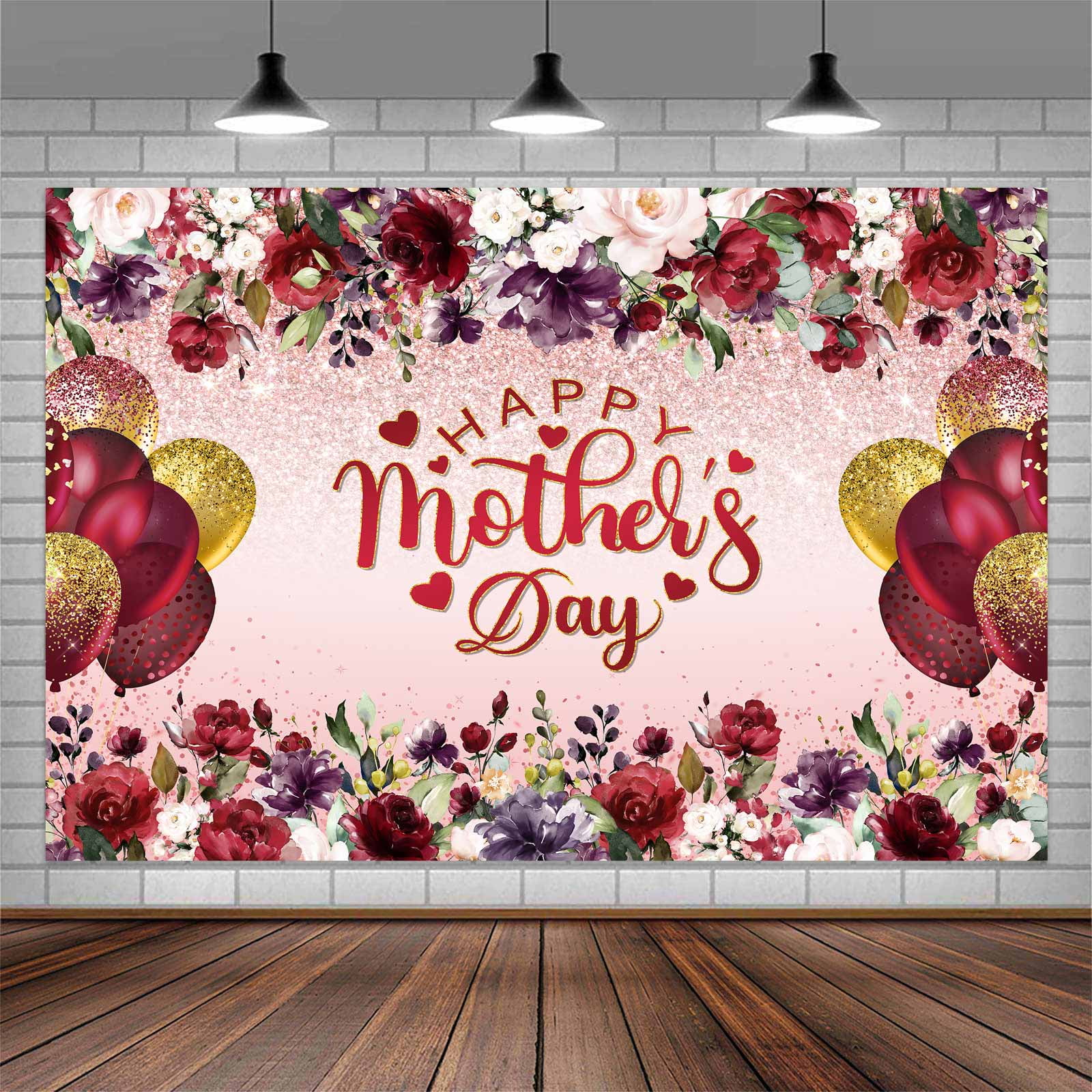 Mother's Day Backdrop, Happy Mother's Day Pink Rose Flowers Balloons ...