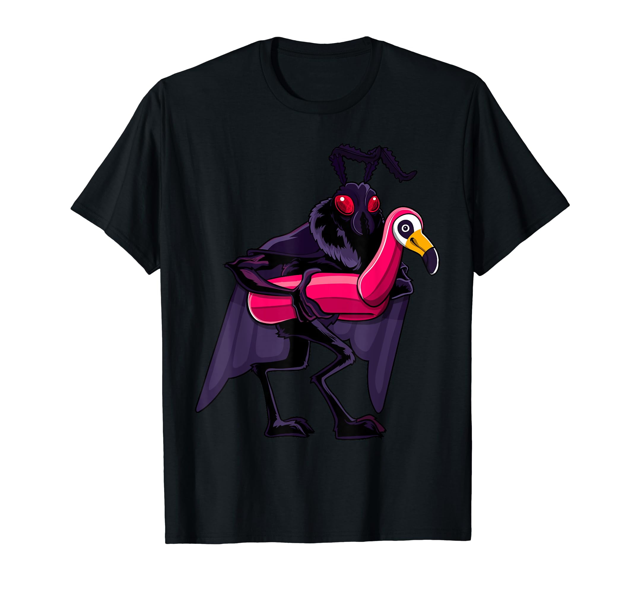 Mothman Pool Party Pink Float Flamingo Funny Cryptid Monster Black T ...