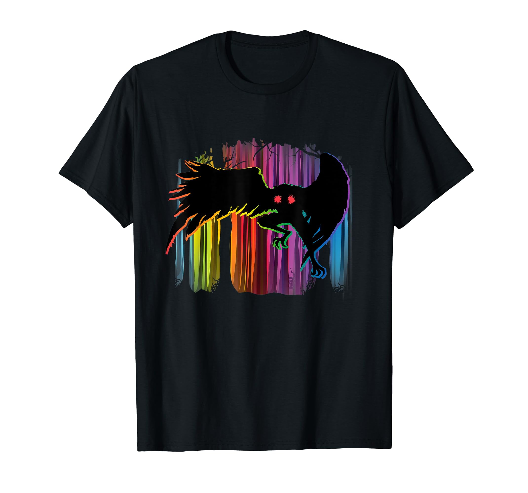 Mothman Rainbow Aurora Forest - Unique Cryptid Monster Black T-Shirt ...