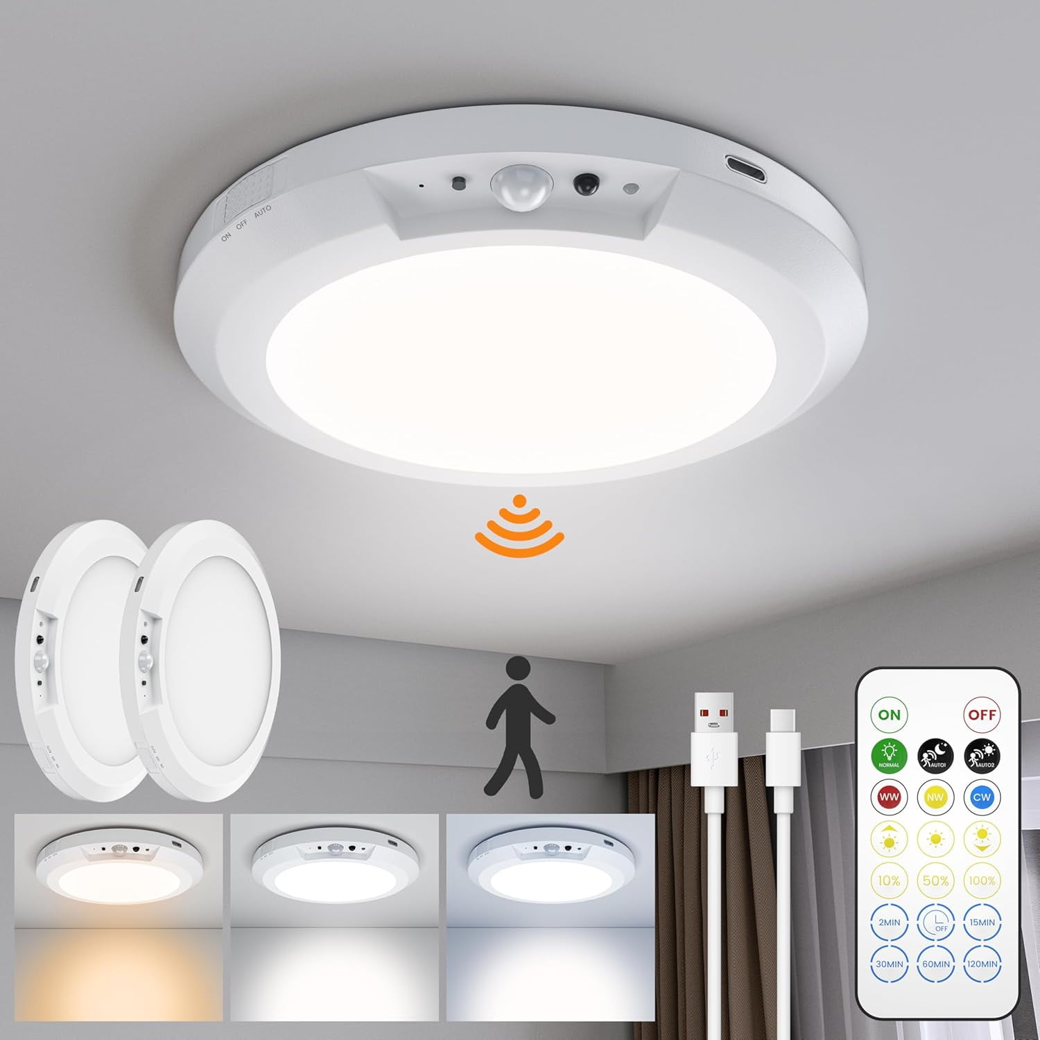 Motion Sensor Ceiling Light,Cordless Closet Light Battery Operated,3 ...