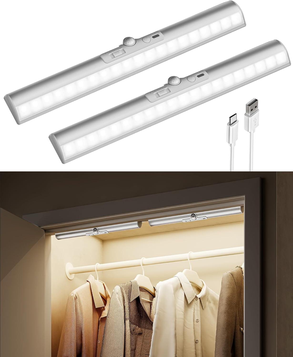 Motion Sensor Closet Lights, 2 Pack Rechargeable LED Lights with ...