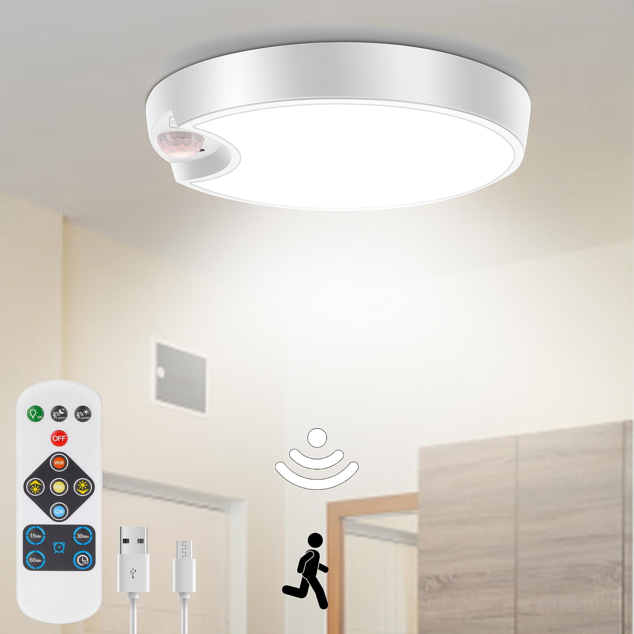 Motion Sensor LED Ceiling Light Dimmbale with Remote, Rechargeable LED ...