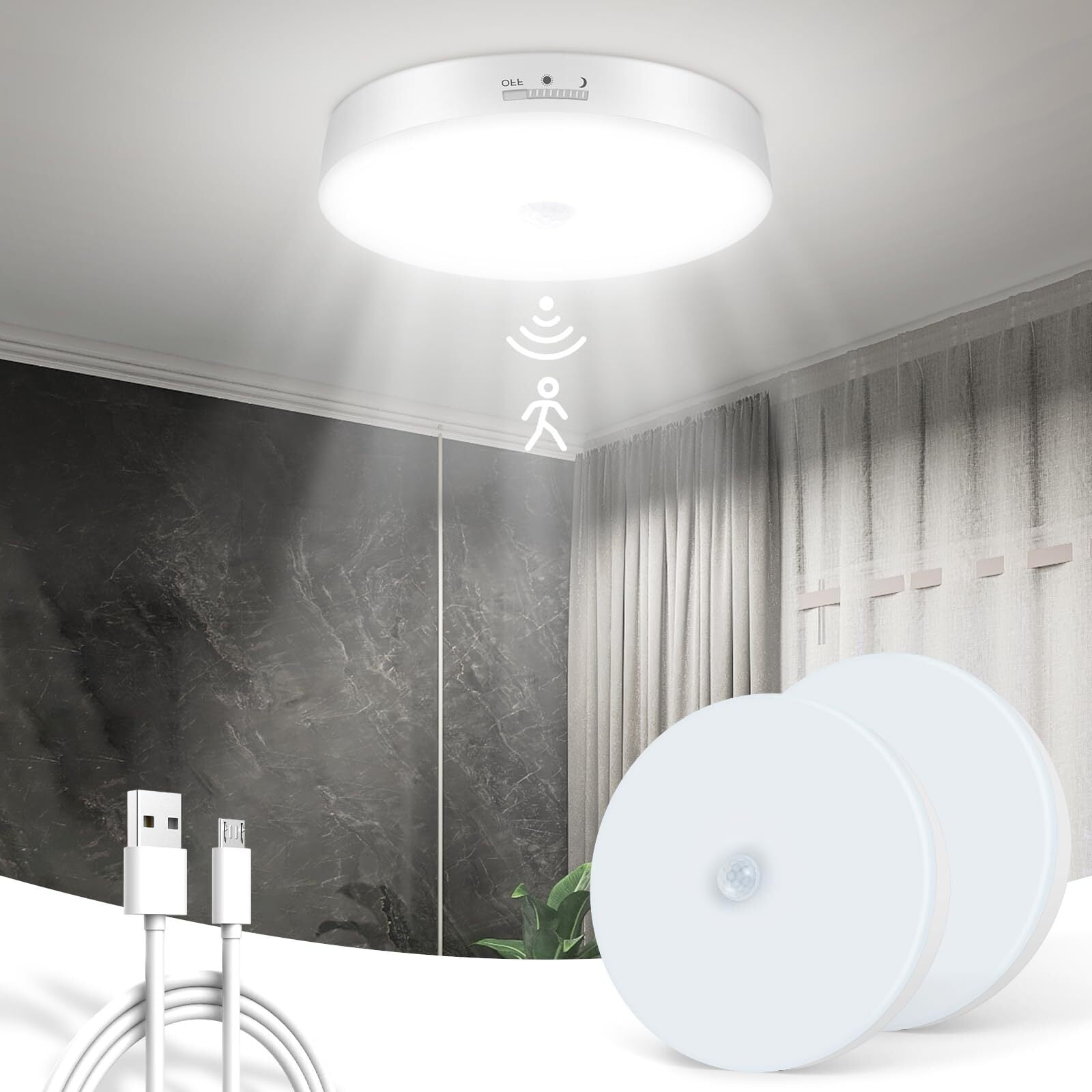 Motion Sensor LED Ceiling Light Rechargeable LED Closet Lights with USB ...