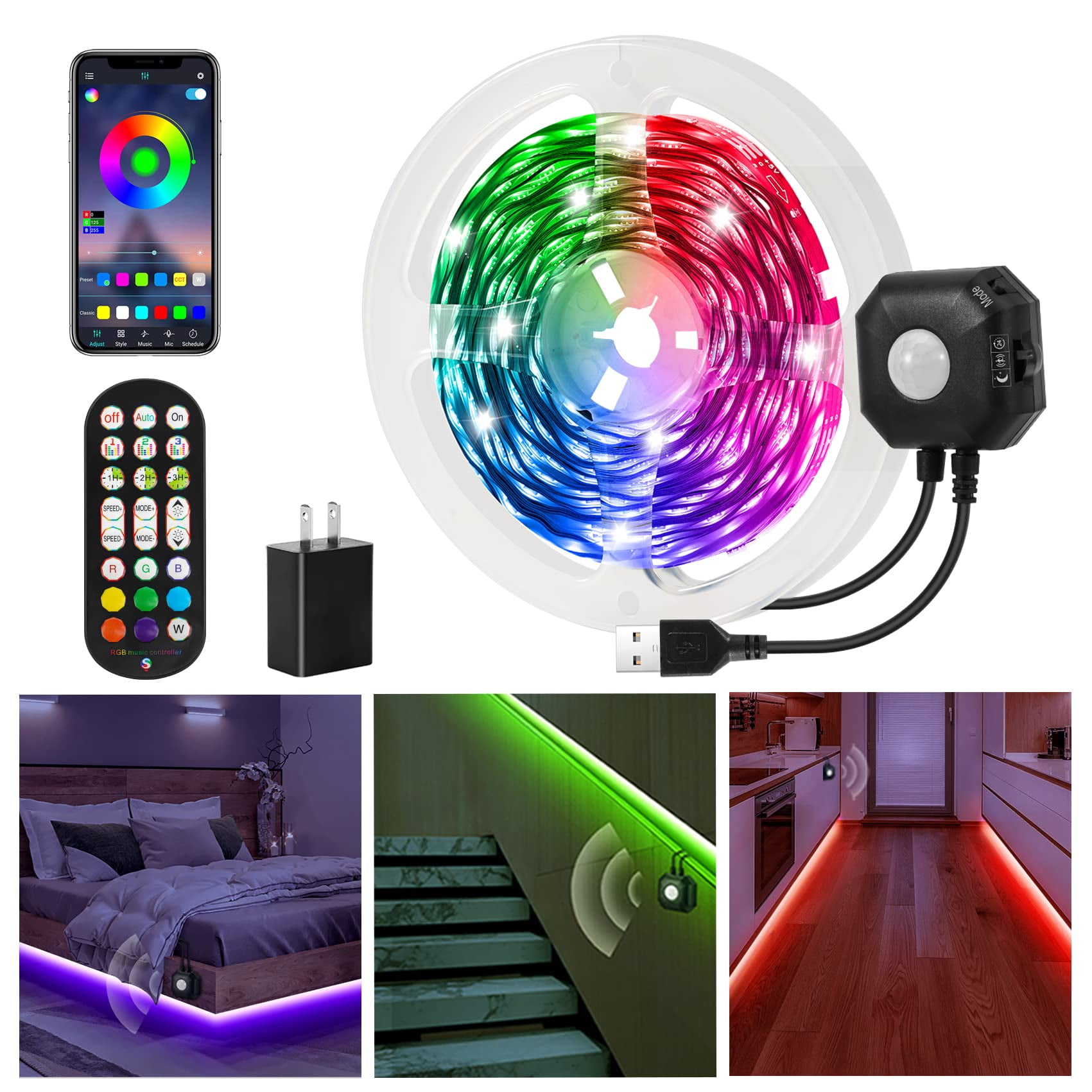 Motion Sensor LED Light Strip,13.12Ft RGB Music Sync Changing Under Bed ...