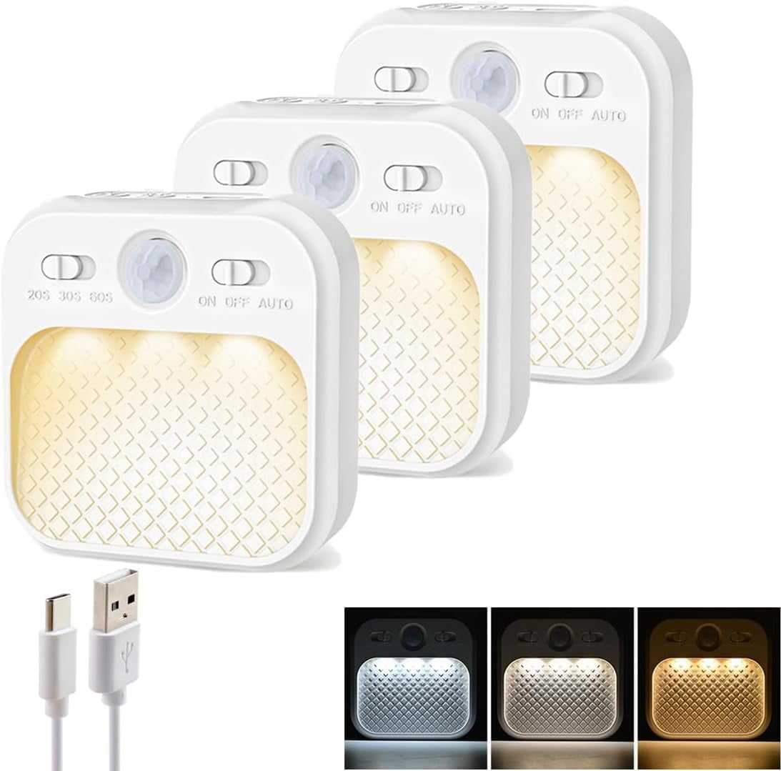 Motion Sensor Night Light 3 Packs, Night Light Rechar able Dimmable ...