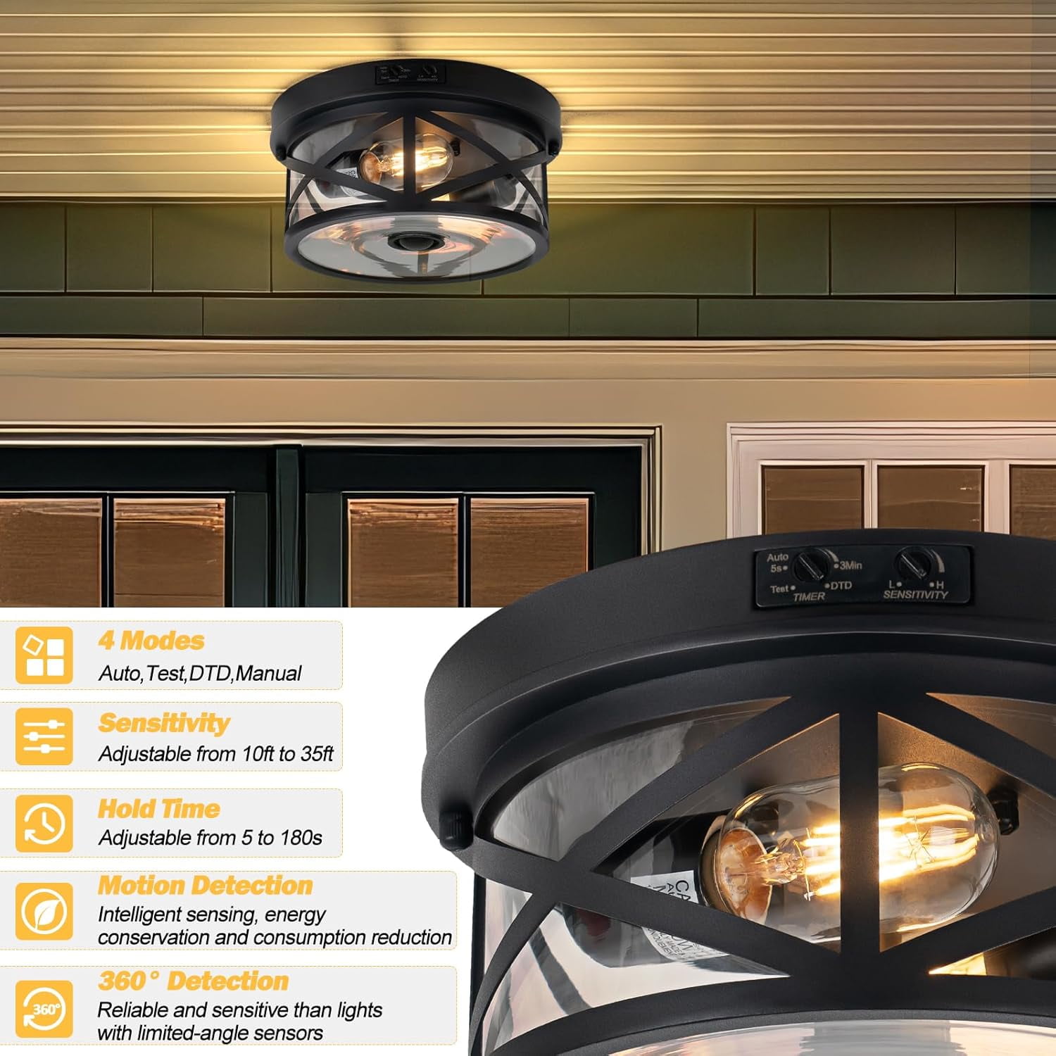 Motion Sensor Outdoor Ceiling Light, Adjustable Black Flush Mount Light ...