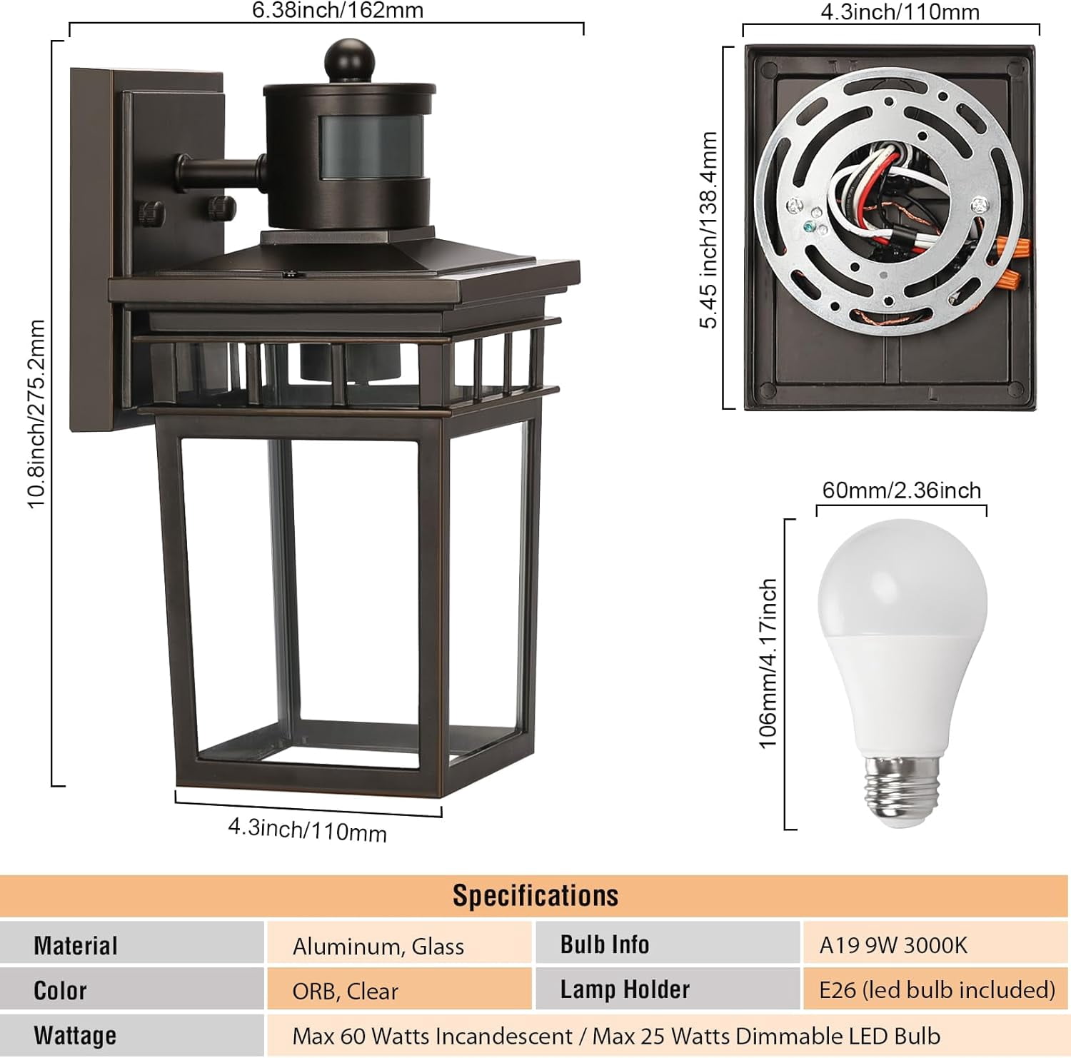Motion Sensor Outdoor Wall Lantern with Remote Control, Dusk to Sensor ...