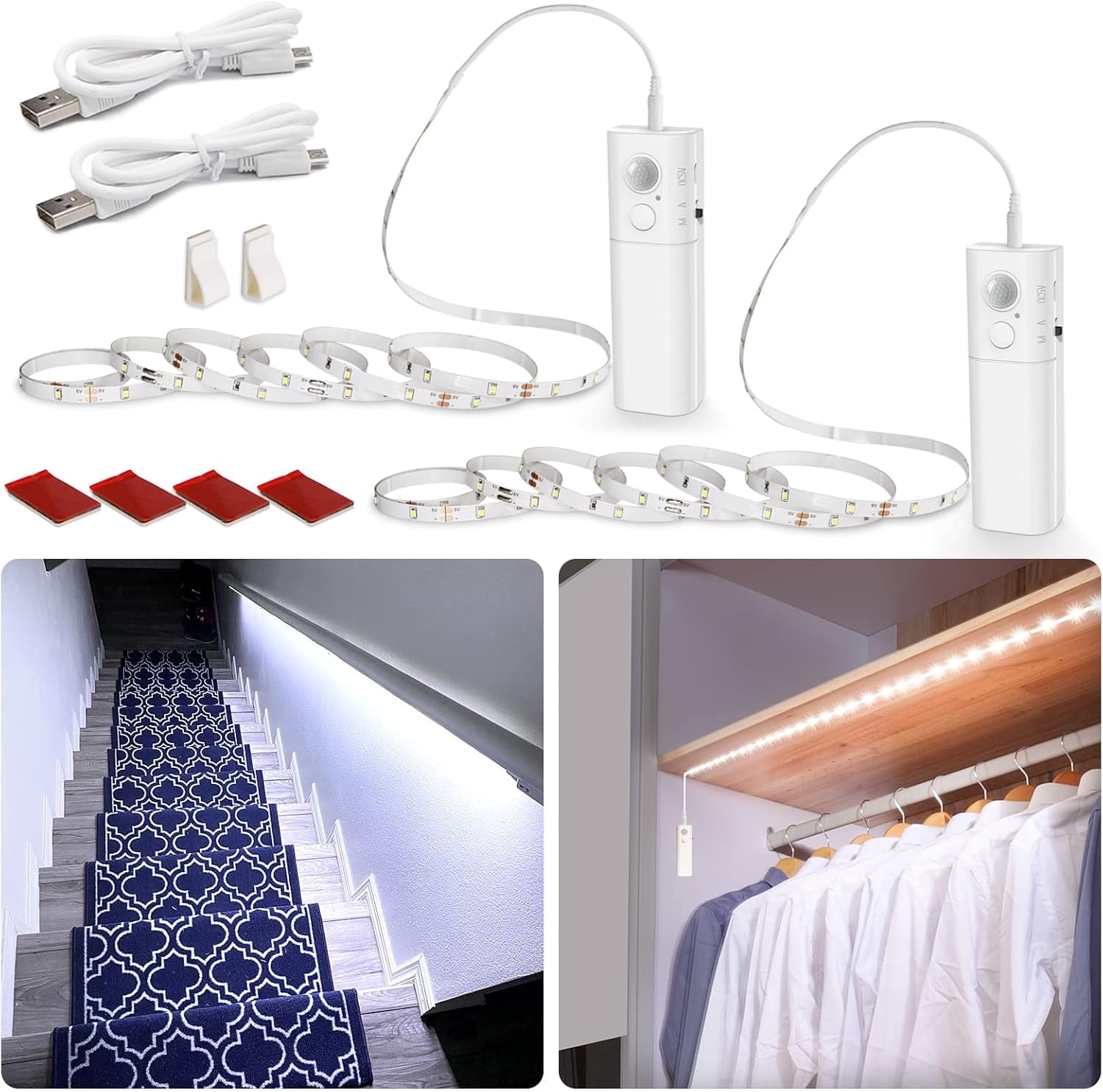 Motion Sensor Stair Strip Lights,Rechargeable Motion Activated Closet ...