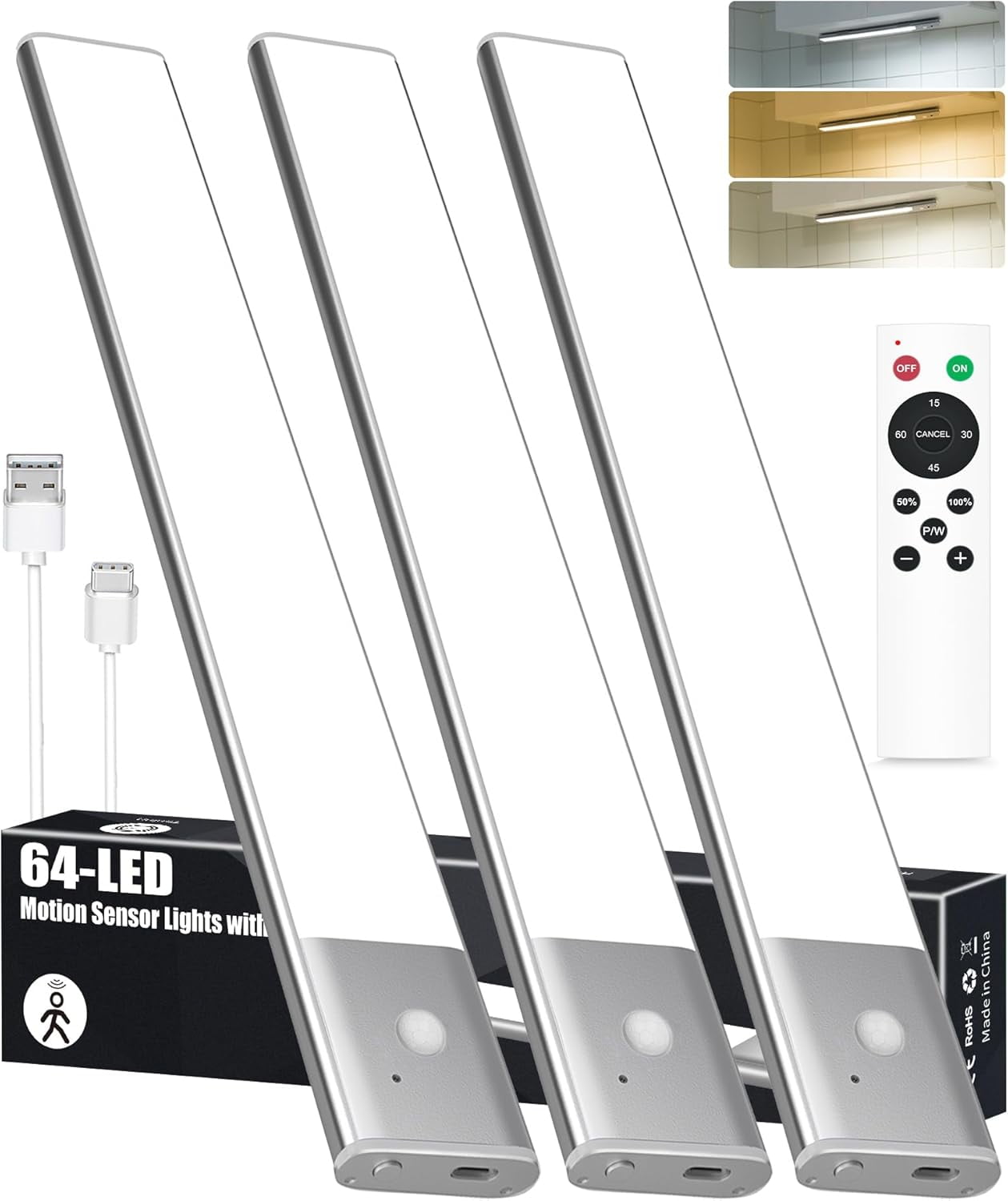 Motion Sensor Under Cabinet Lighting Remote Control, Rechargeable ...
