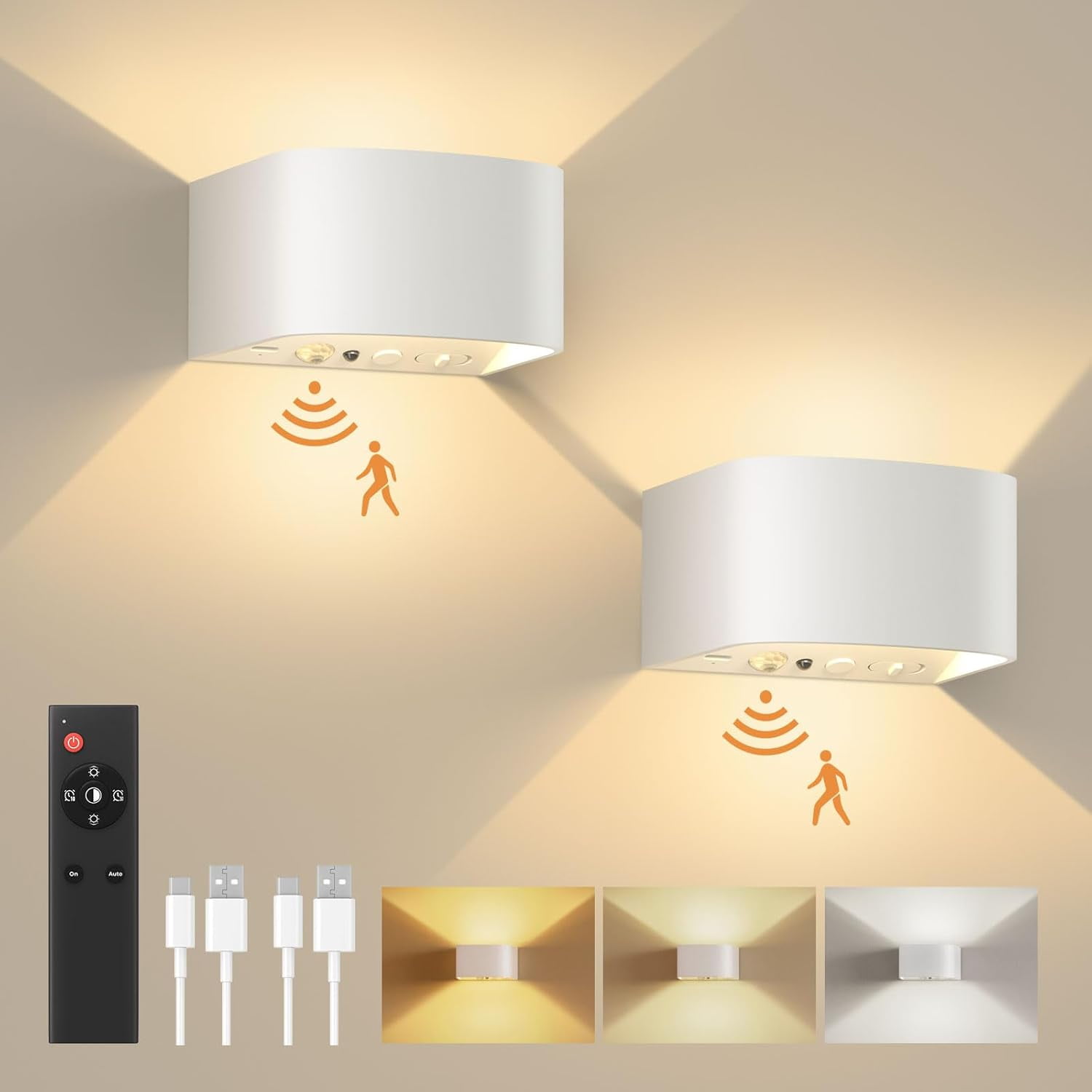 Motion Sensor Wall Light with Remote Control 3 Colors Wireless Wall ...