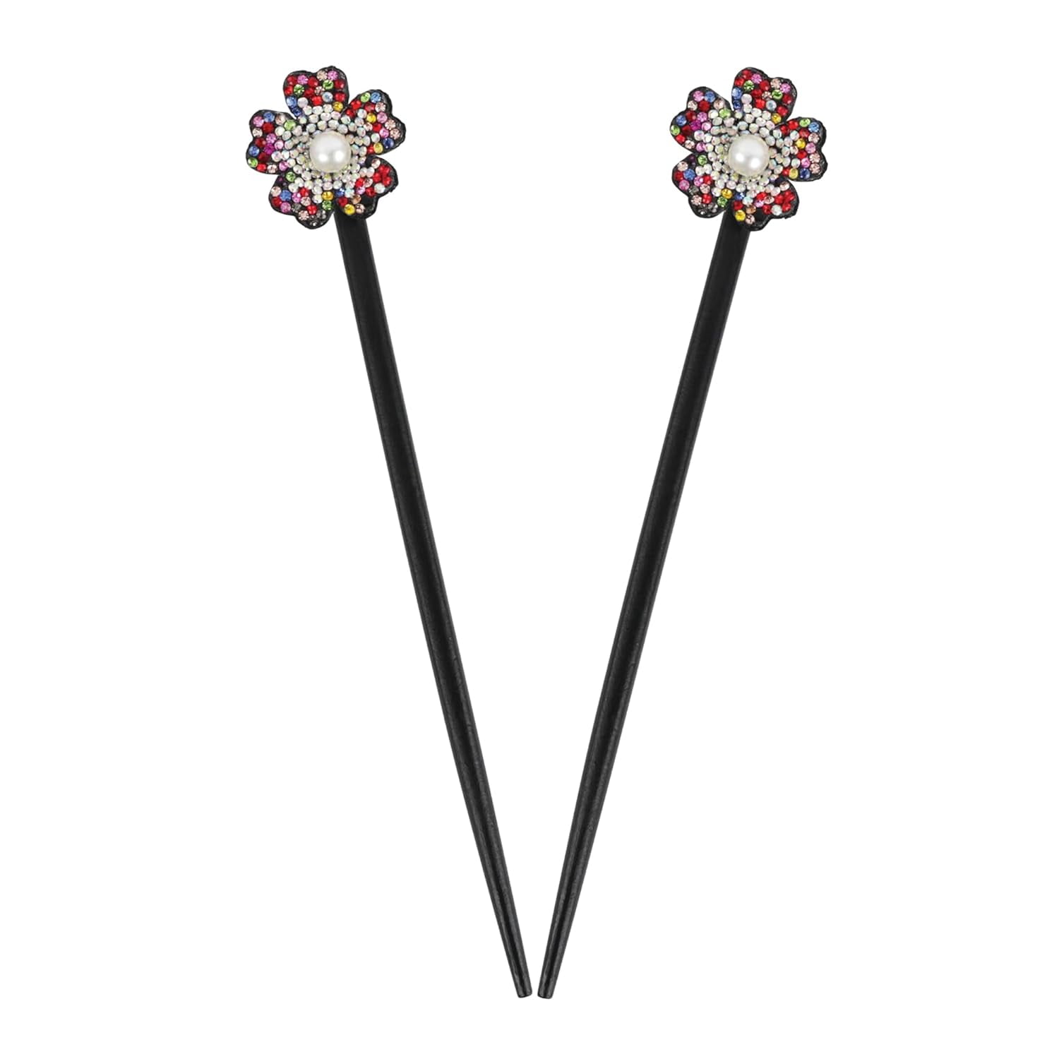 Motique Accessories Black Wooden Hair Sticks with Rhinestone Flowers, 2 ...