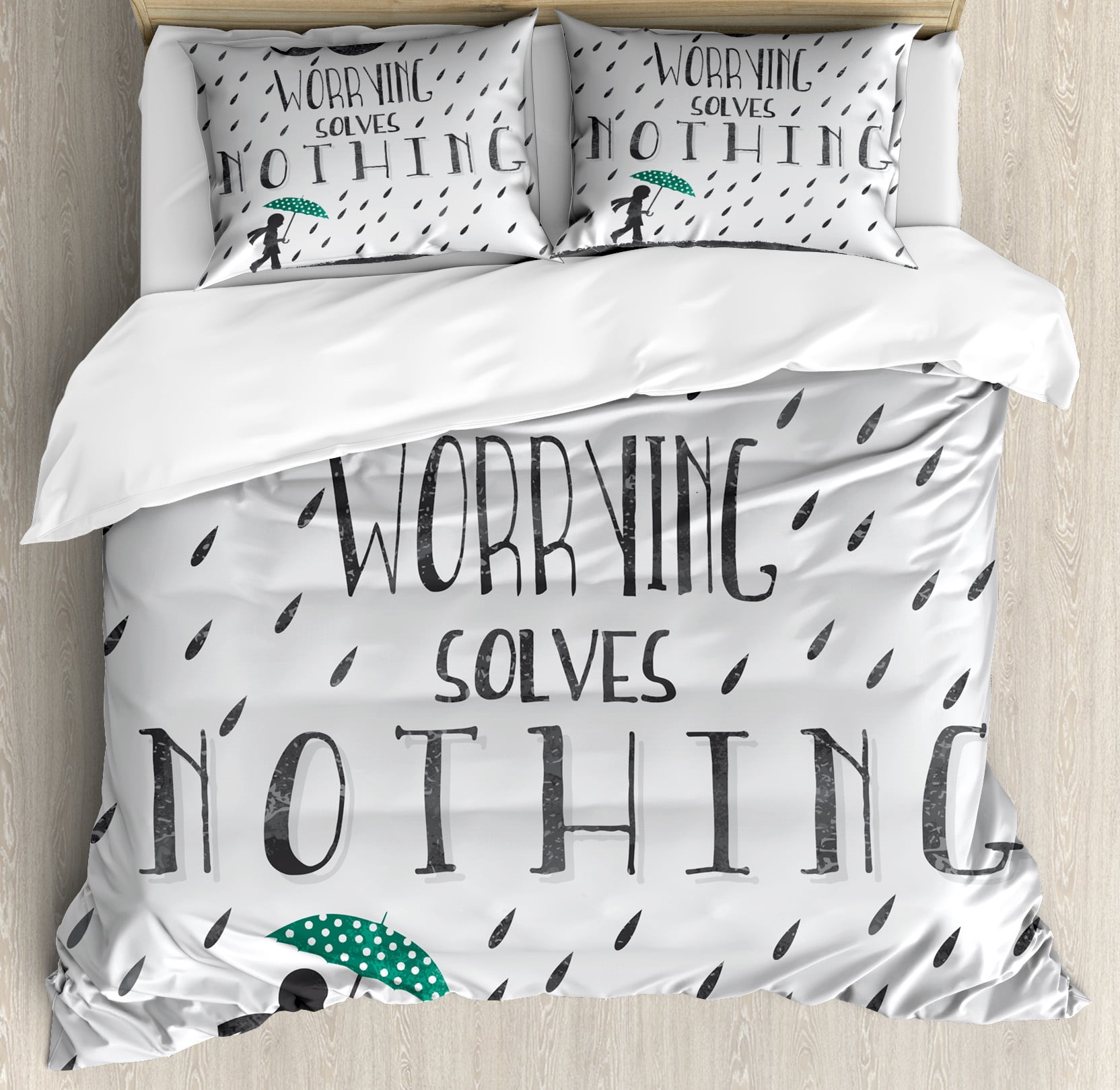 Motivation Duvet Cover Set, Worrying Solves Nothing Man Walking in Stormy Rainy Day, Decorative ...