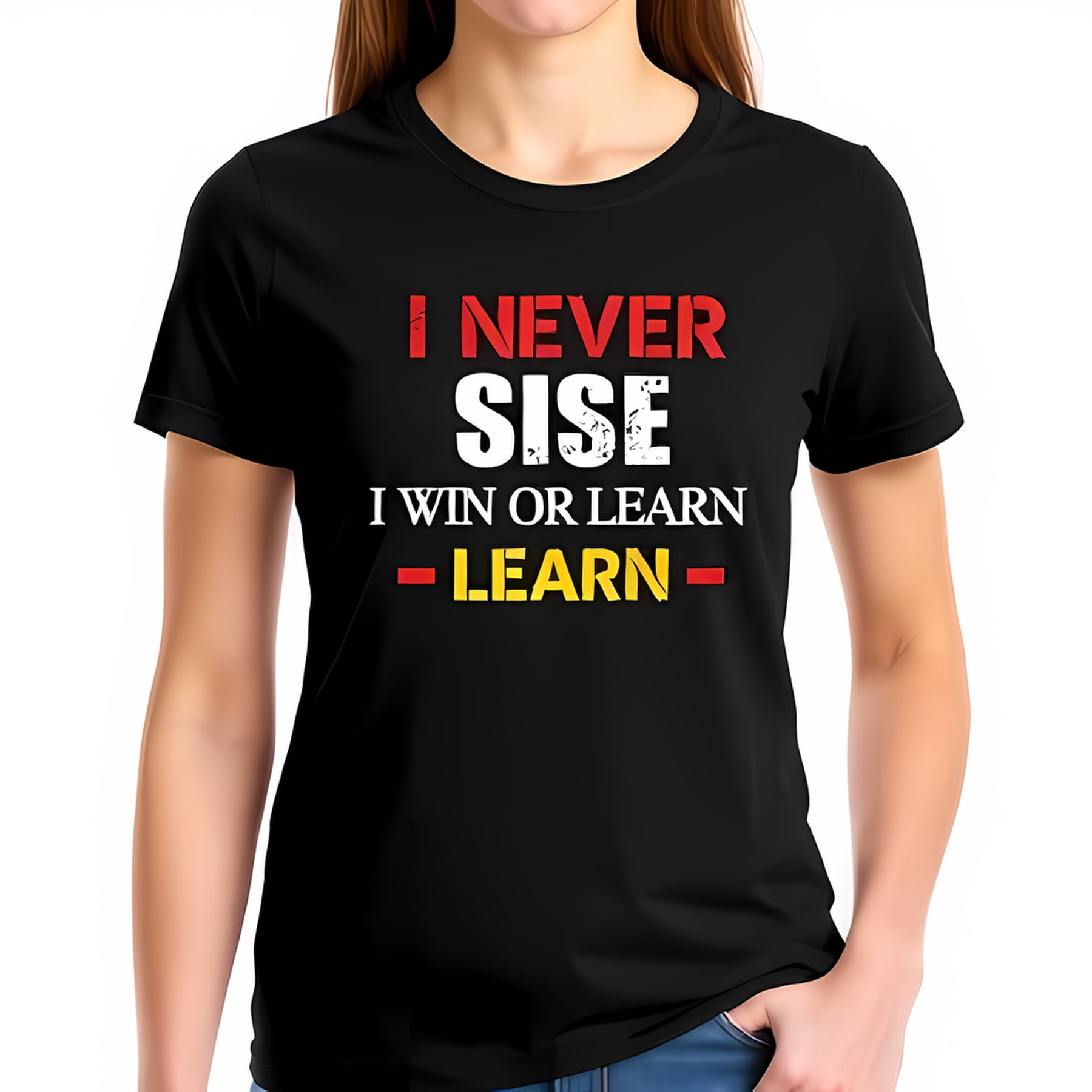 Motivational Black T-Shirt - "I NEVER SISE" with Font - "I WIN OR LEARN ...