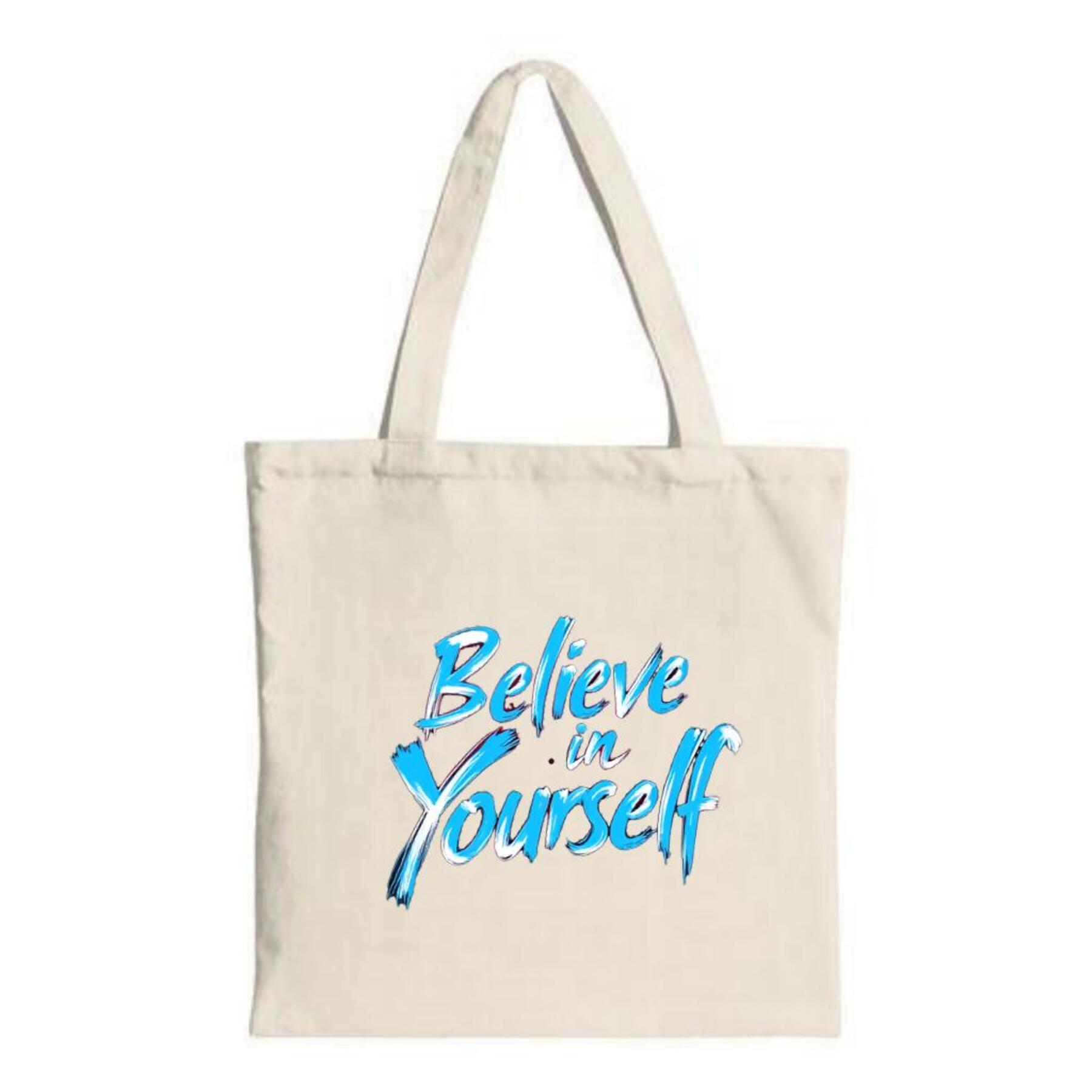 Motivational Canvas Tote Bag - ' Believe in Yourself ' in Bold Blue ...