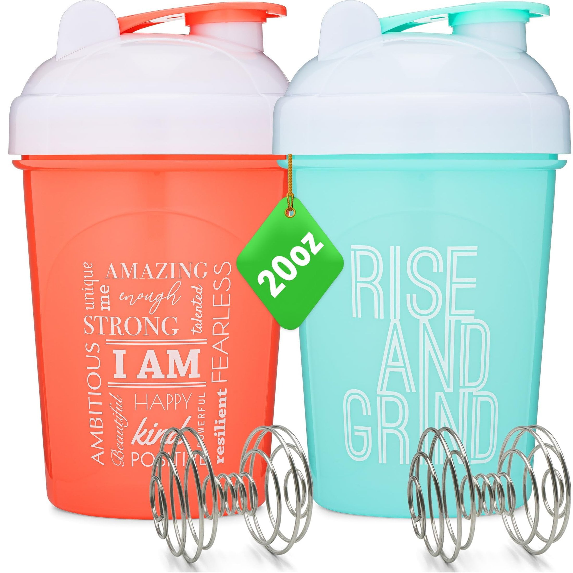 Motivational Coral Mint Protein Shaker Bottle Set with Wire Mixers ...