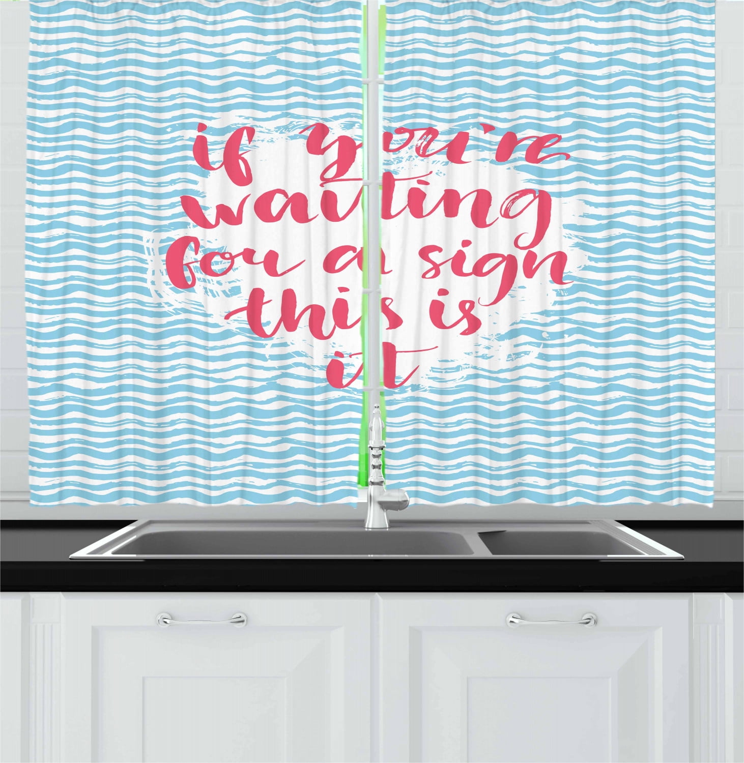 Motivational Curtains 2 Panels Set, Brush Calligraphy on Blue Waves ...