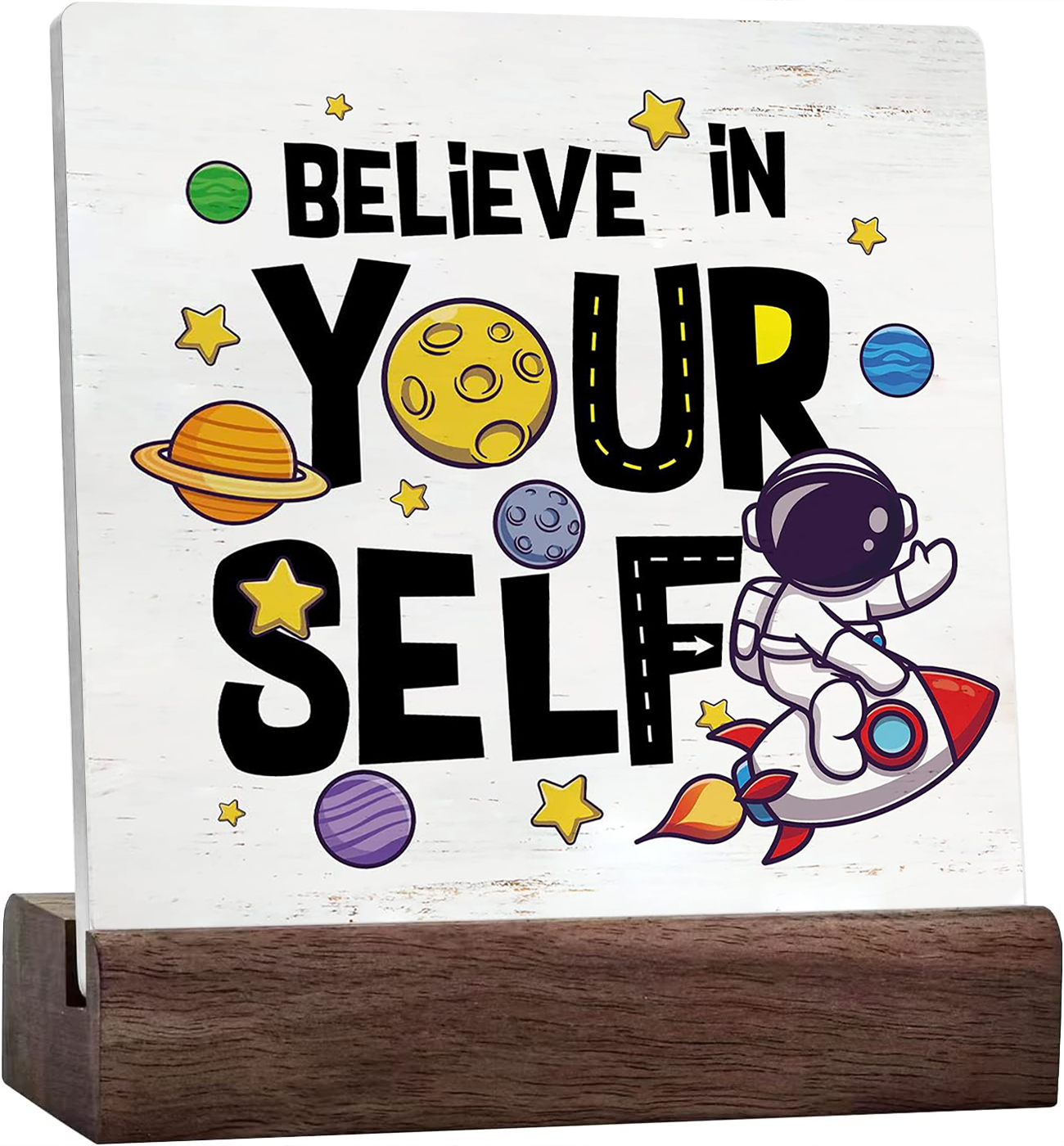 Motivational Outer Space Nursery Ceramic Table Plaque With Wooden Stand ...