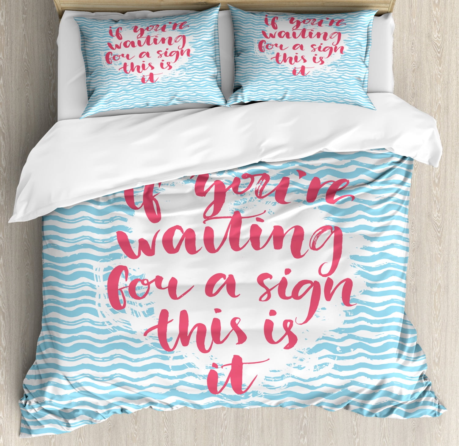 Motivational Queen Size Duvet Cover Set, Brush Calligraphy on Blue ...