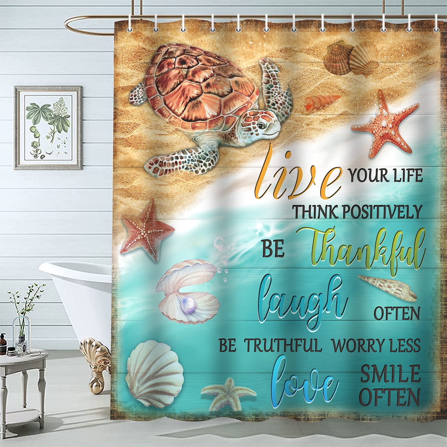 Motivational Quotes Beach Shower Curtain for Bathroom, Sea Turtle Shell ...
