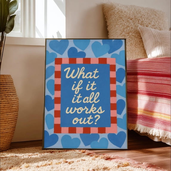 Motivational Retro Print Pink Ticket, Blue Hearts Poster Decor ...