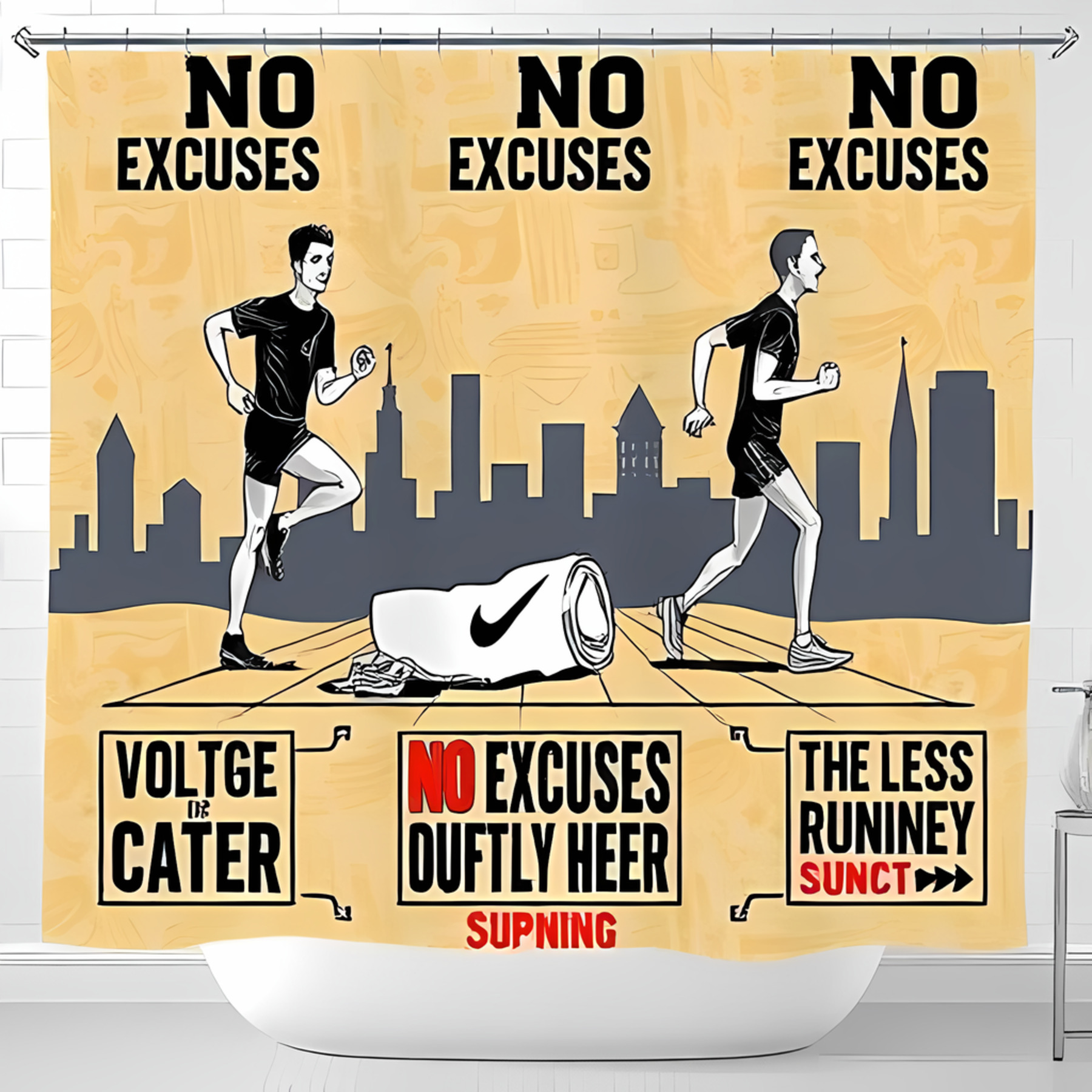 Motivational Shower Curtain with Bold Graphic Design - 'NO EXCUSES ...